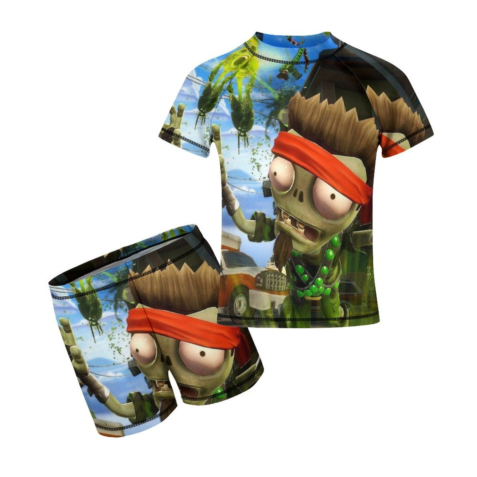 Plants Vs Zombies Boys Rash Guard Set 2 Piece Swimsuits Short Sleeve ...