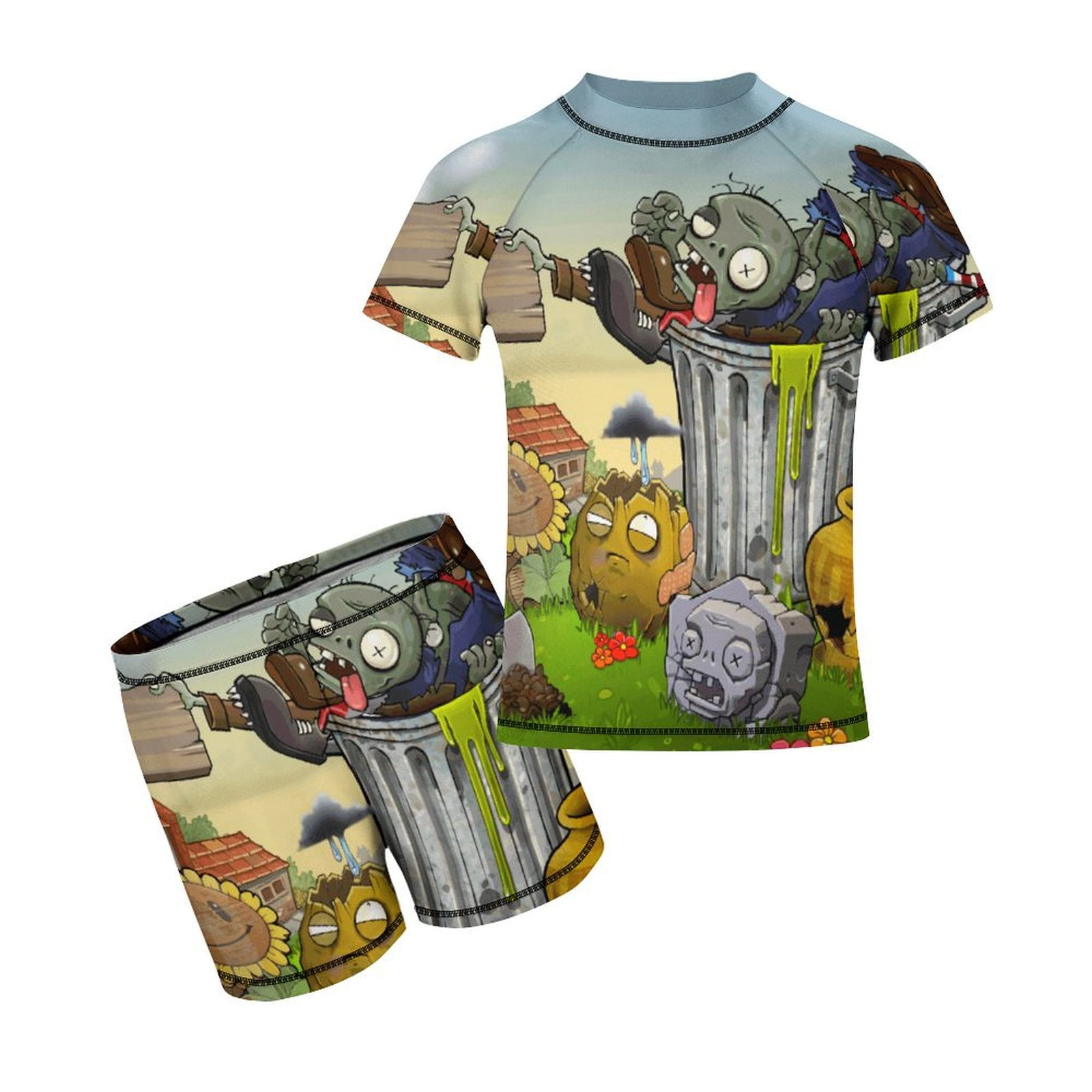Plants Vs Zombies Boys Rash Guard Set 2 Piece Swimsuits Short Sleeve ...