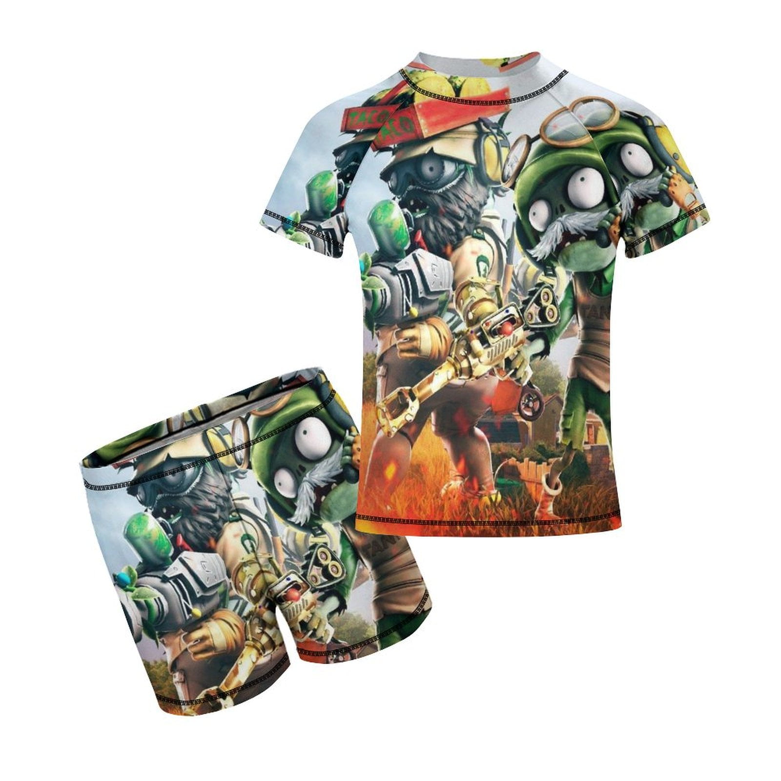 Plants Vs Zombies Boys Rash Guard Set 2 Piece Swimsuits Short Sleeve ...