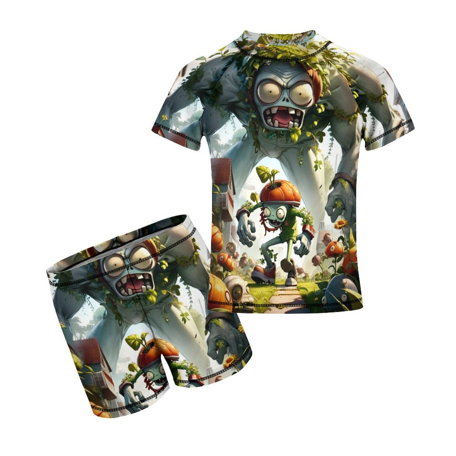 Plants Vs Zombies Boys Rash Guard Set 2 Piece Swimsuits Short Sleeve ...