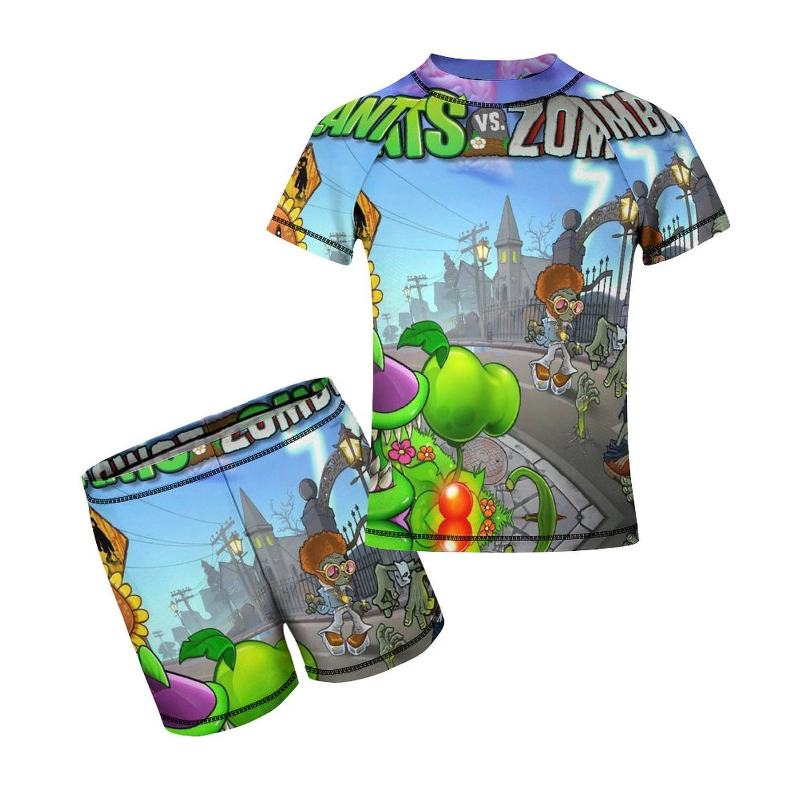 Plants Vs Zombies Boys Rash Guard Set 2 Piece Swimsuits Short Sleeve ...