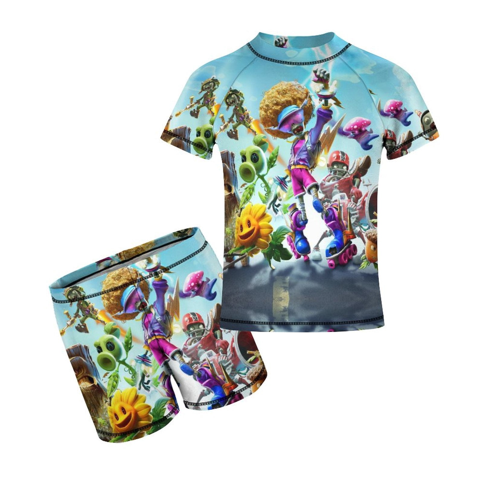 Plants Vs Zombies Boys Rash Guard Set 2 Piece Swimsuits Short Sleeve ...