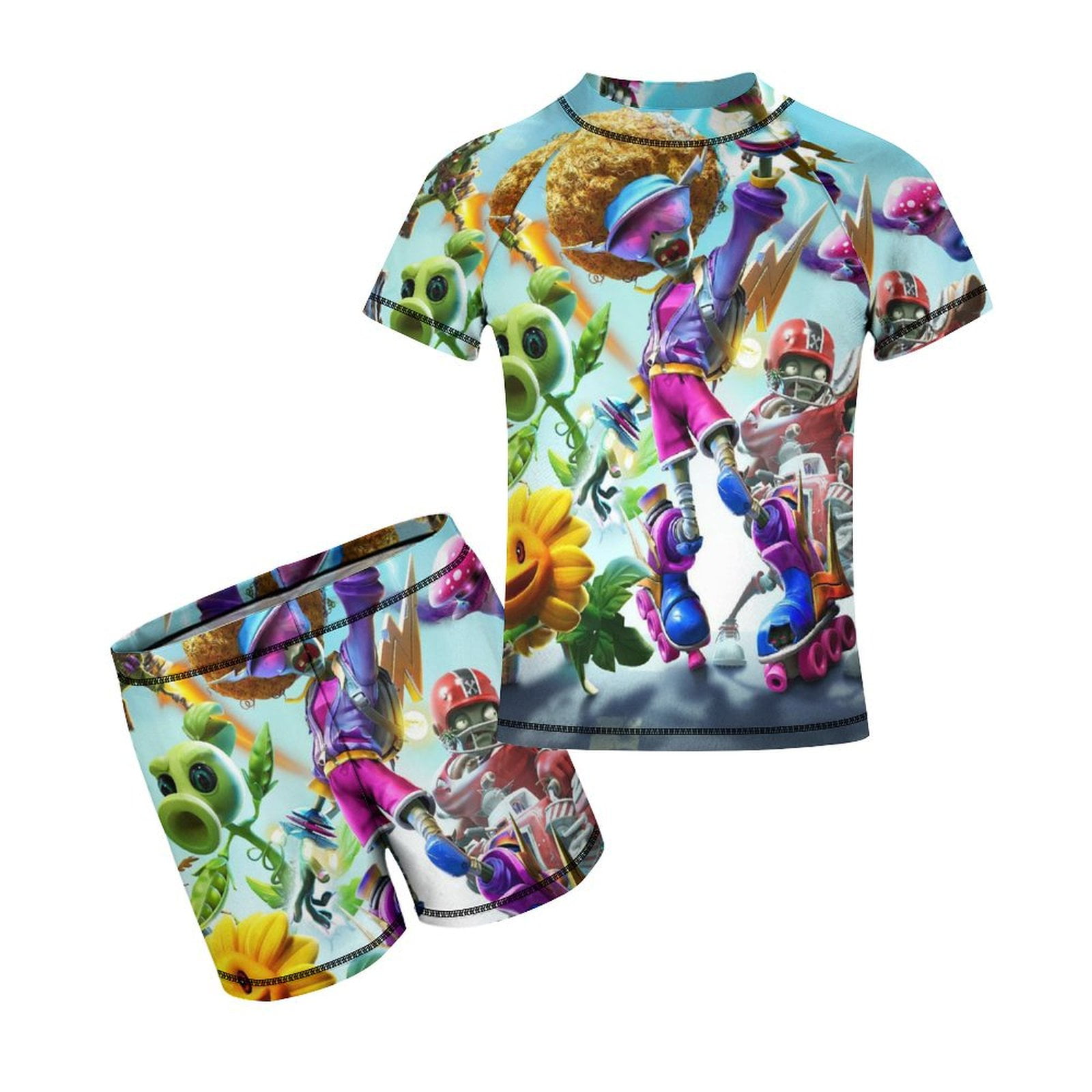 Plants Vs Zombies Boys Rash Guard Set 2 Piece Swimsuits Short Sleeve ...