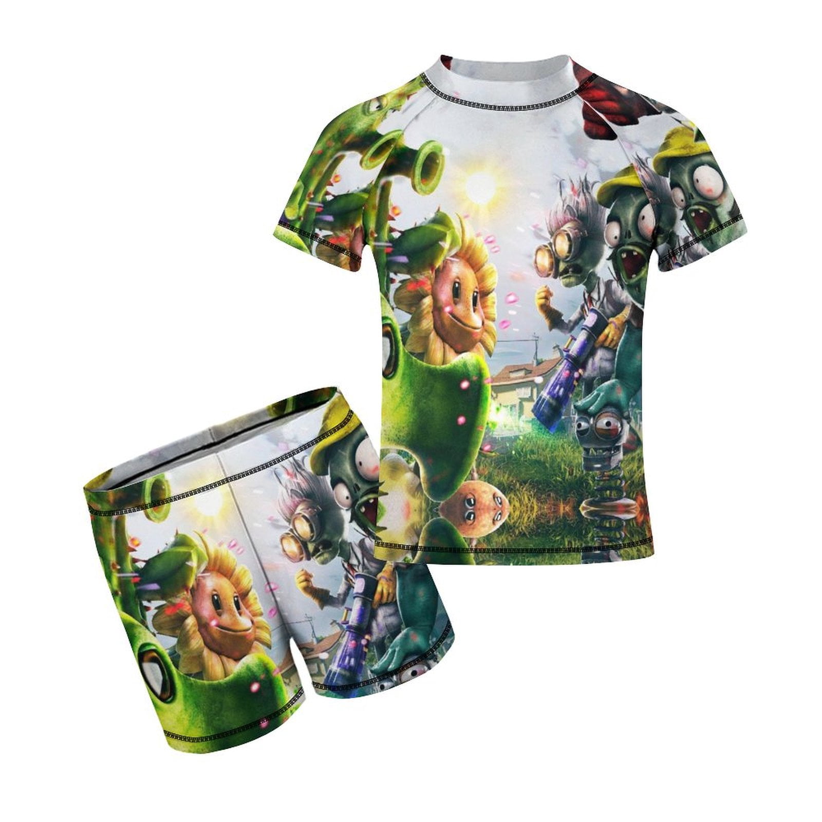 Plants Vs Zombies Boys Rash Guard Set 2 Piece Swimsuits Short Sleeve ...