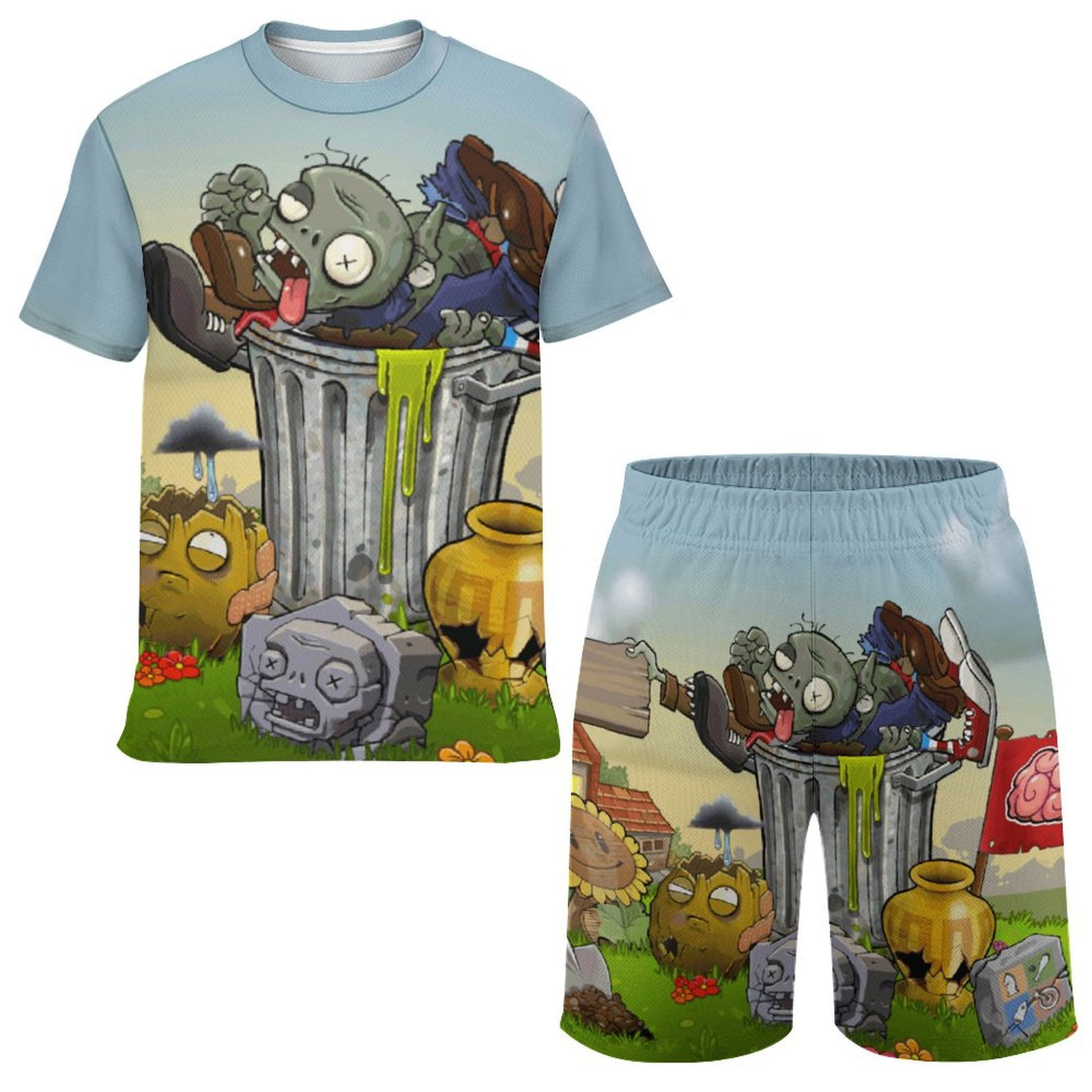 Plants Vs Zombies Kids Short Sleeve T-Shirt And Mesh Shorts Outfit Set ...