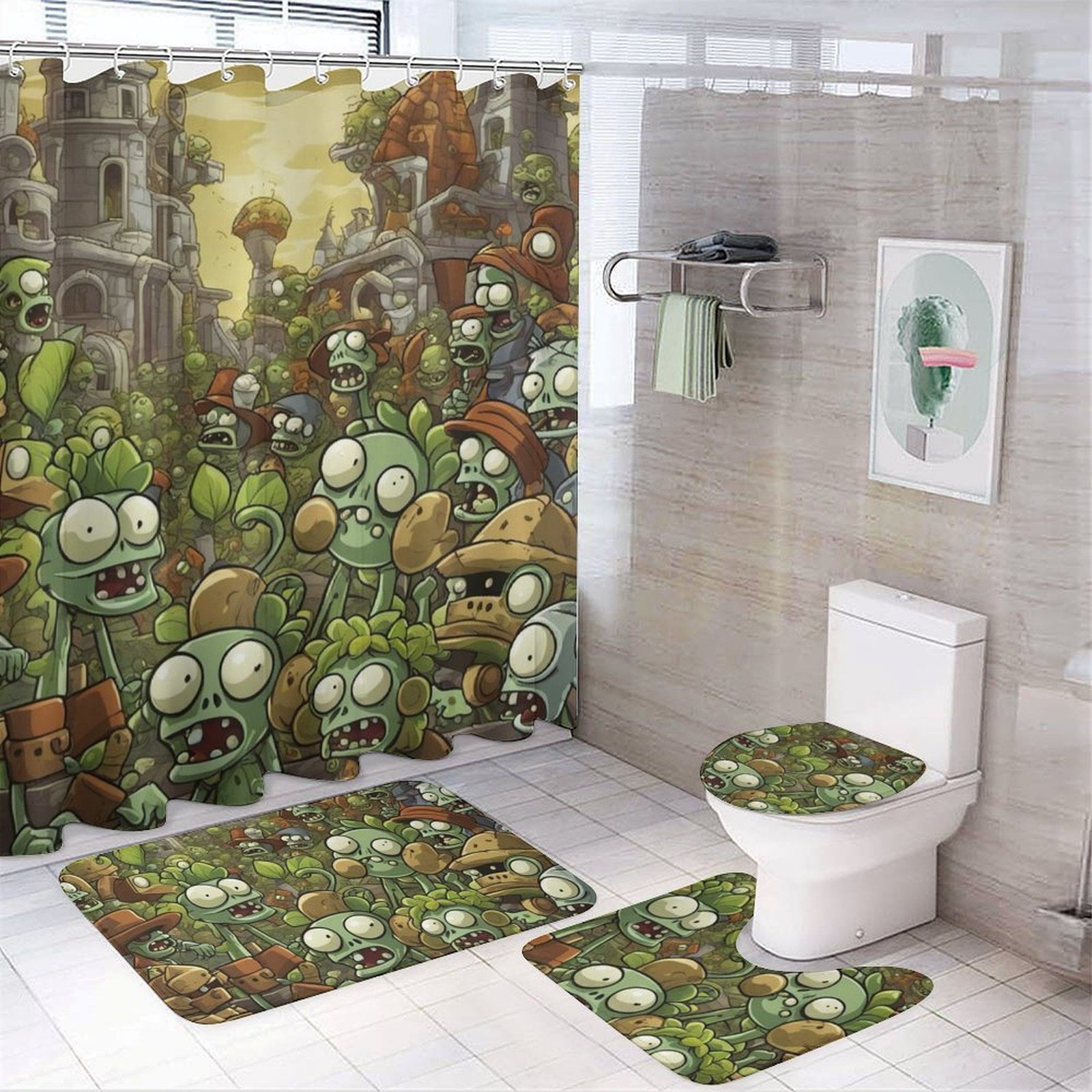 Plants Vs Zombies Shower Curtain Set 4 Pcs, Bathroom Sets with Shower ...