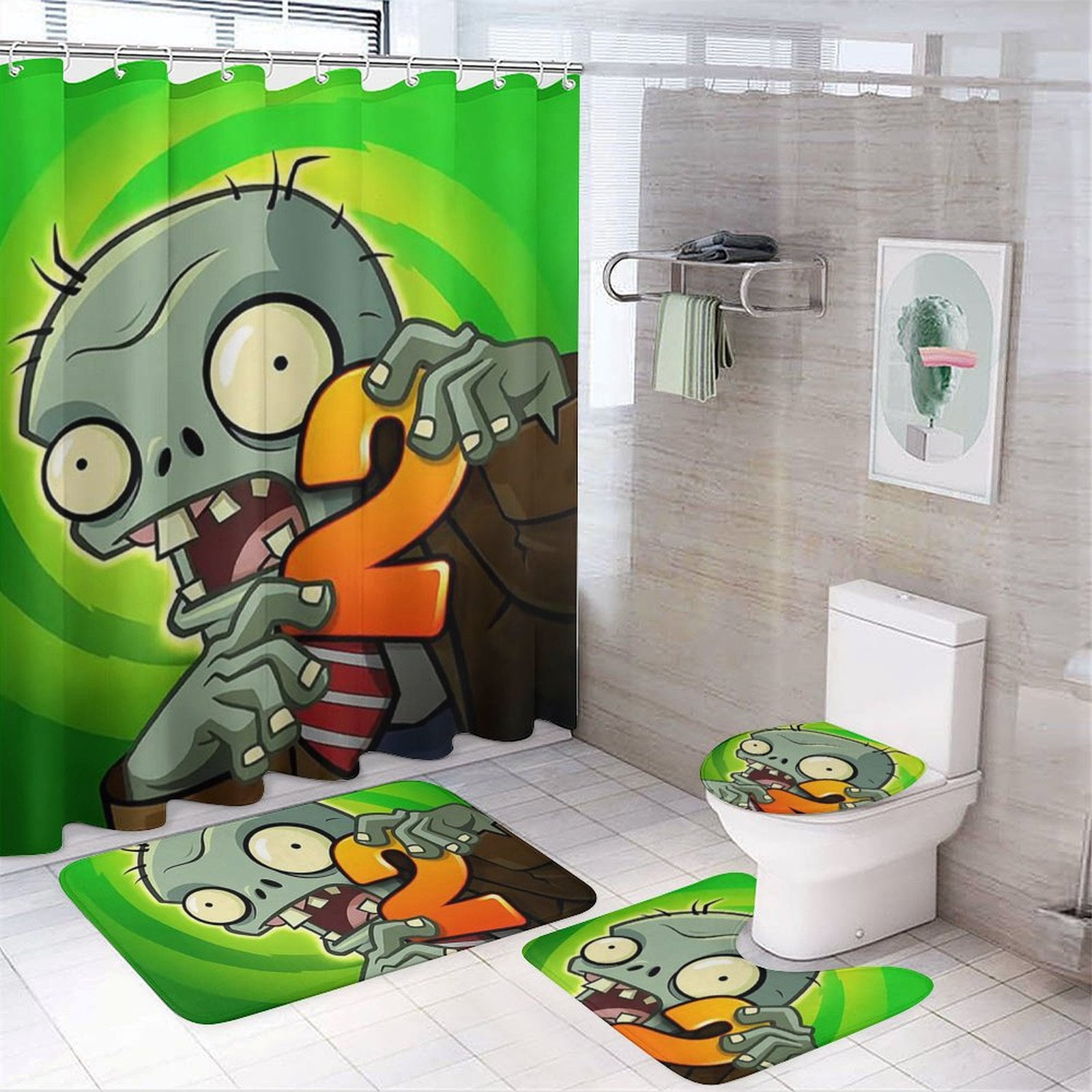 Plants Vs Zombies Shower Curtain Set 4 Pcs, Bathroom Sets with Shower ...