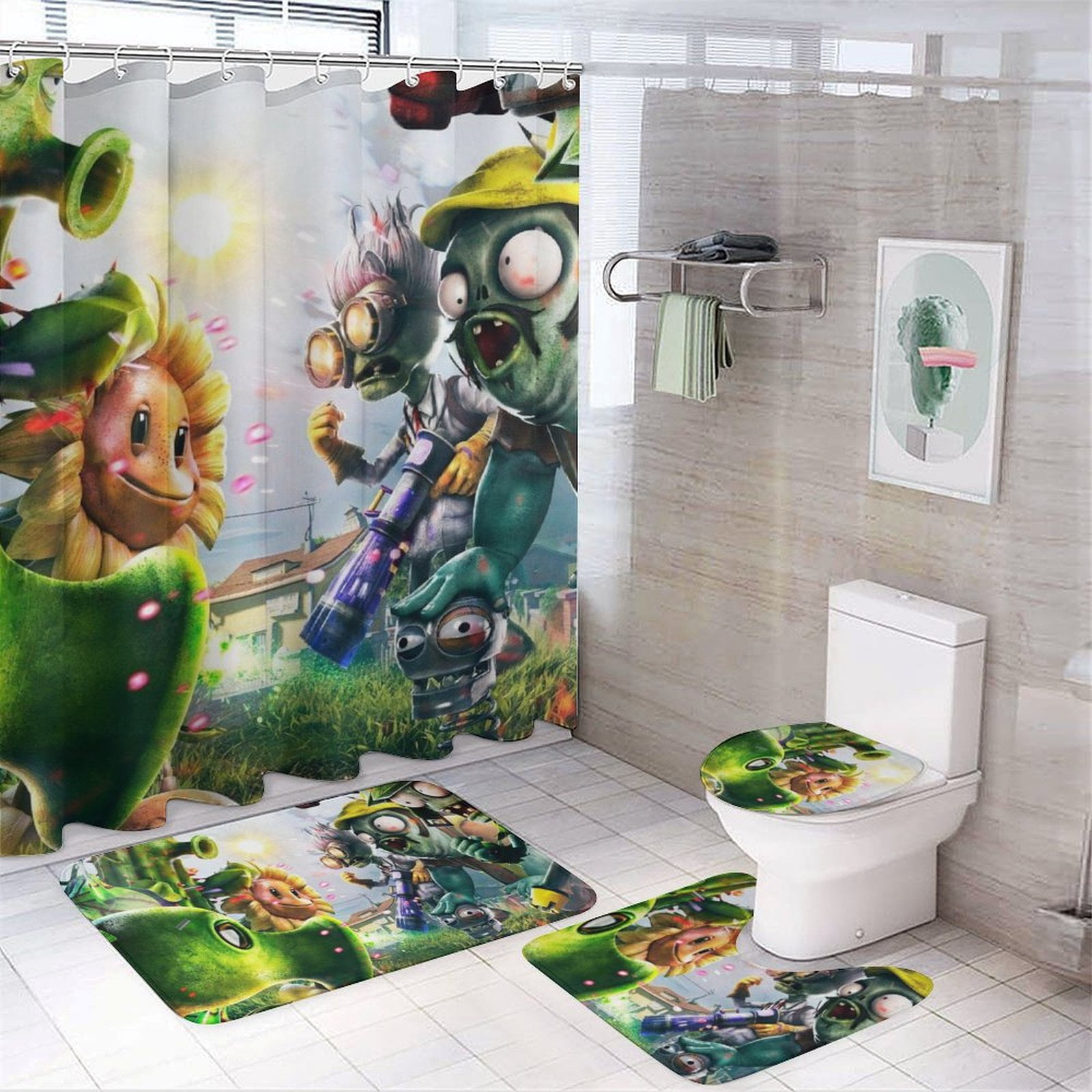 Plants Vs Zombies Shower Curtain Set 4 Pcs, Bathroom Sets with Shower ...