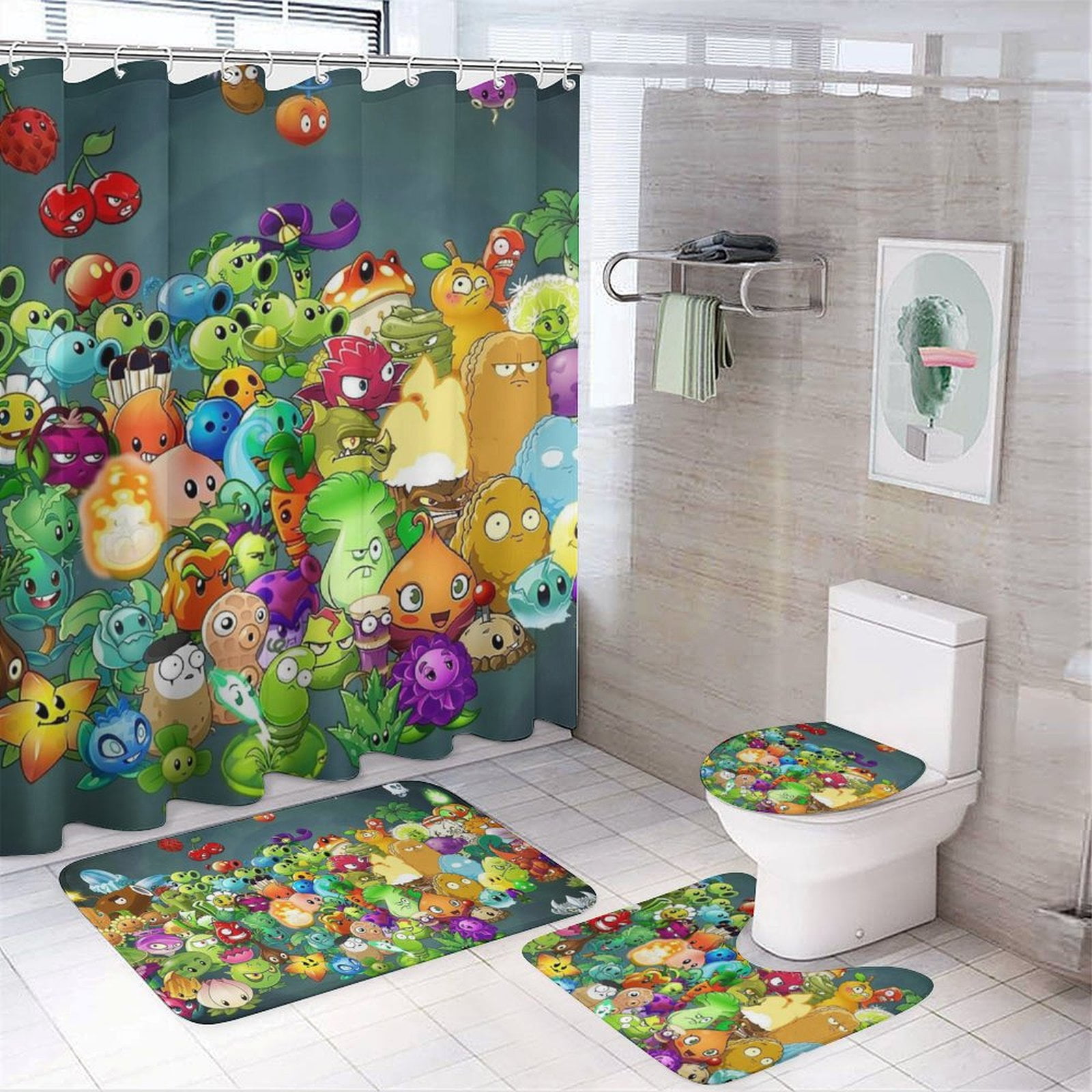 Plants Vs Zombies Shower Curtain Set 4 Pcs, Bathroom Sets with Shower ...