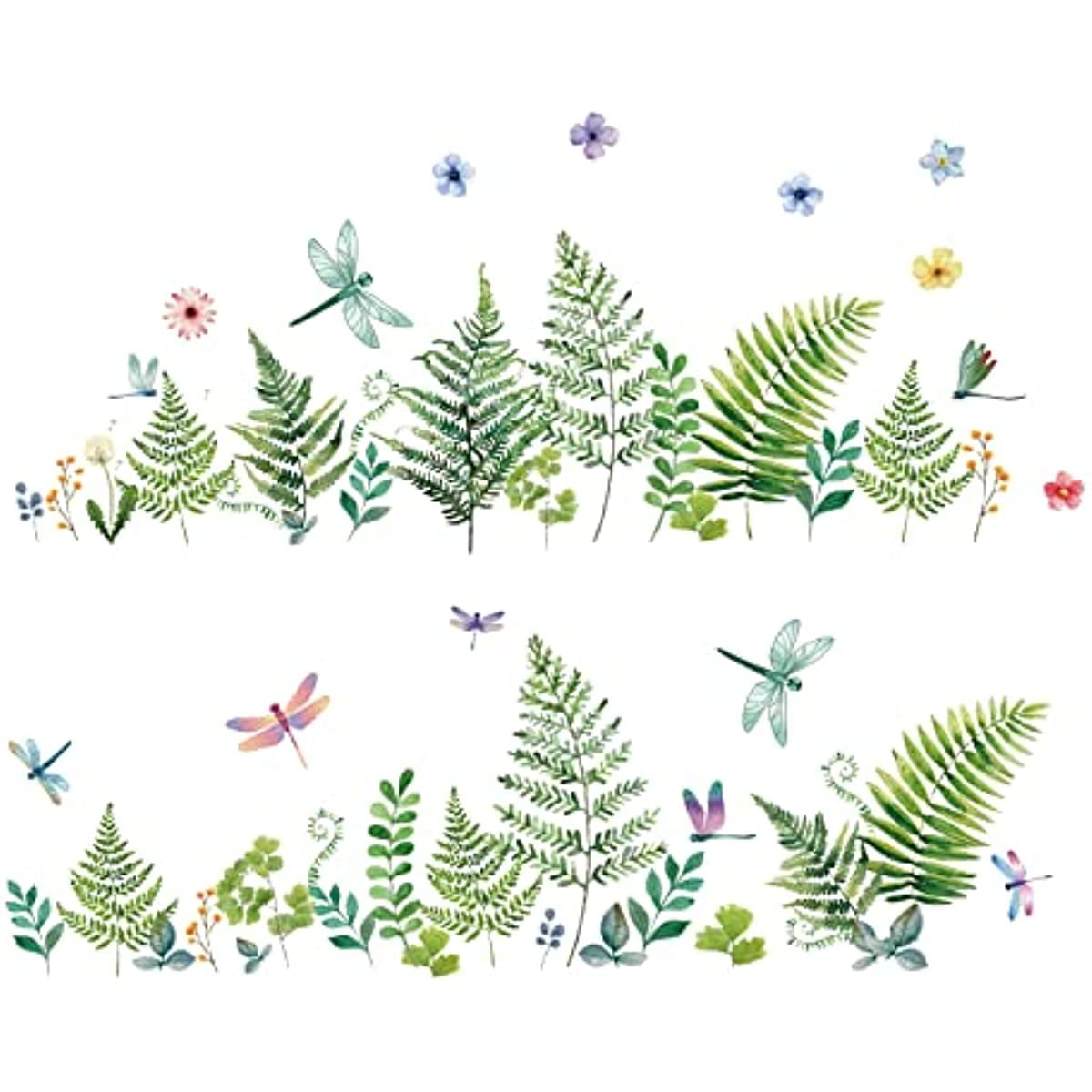 Plants Wall Sticker Green Fern Decals Dragonfly Flower Wall Decals with ...