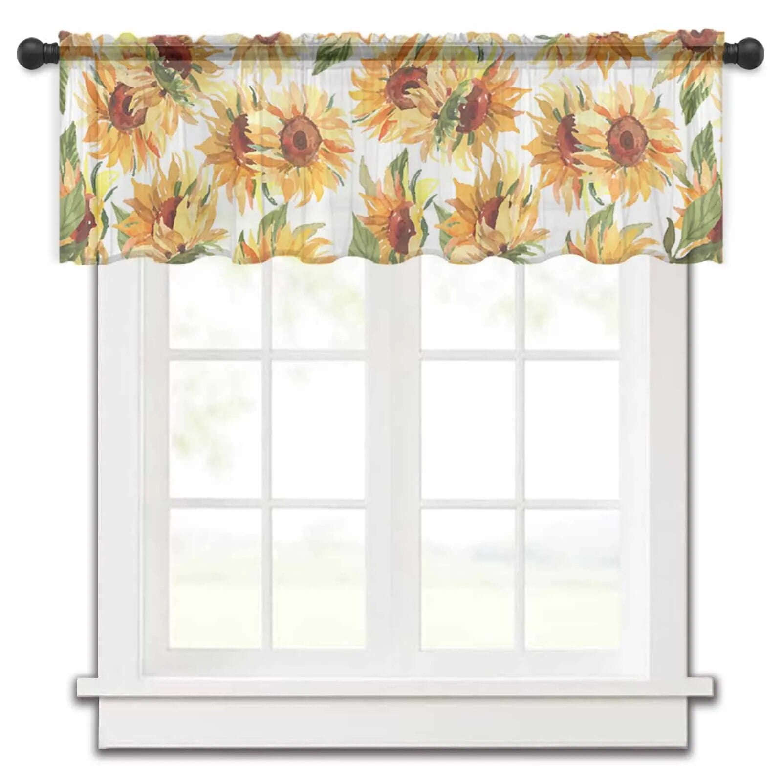 Plants Watercolor Grass Leaves Sunflowers Kitchen Curtains Tulle Sheer ...