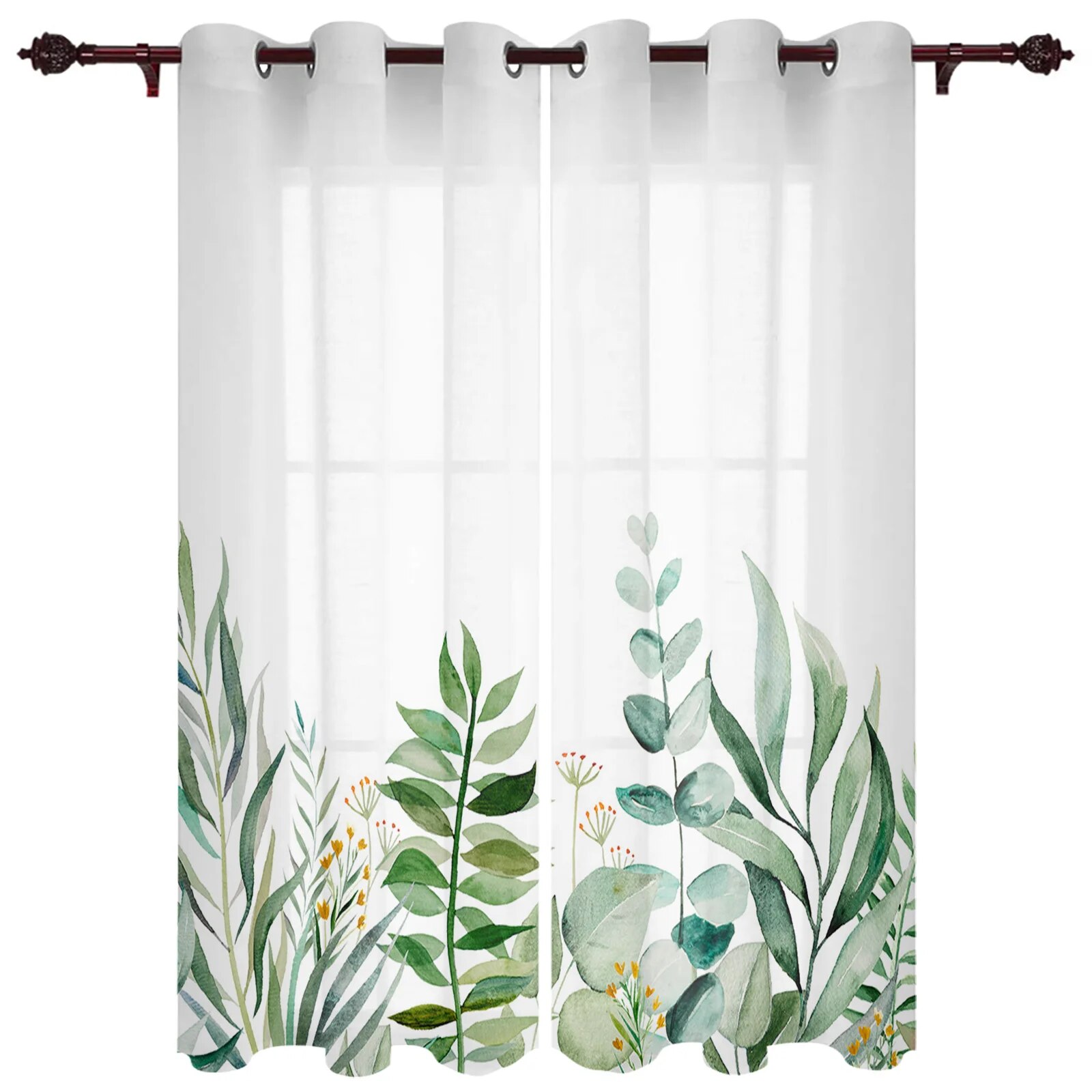 Plants Watercolor Grass Leaves Sunflowers Modern Window Curtains for ...