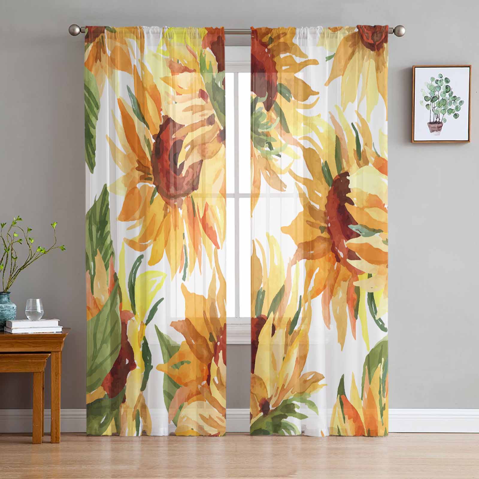 Plants Watercolor Grass Leaves Sunflowers Sheer Curtains for Living ...