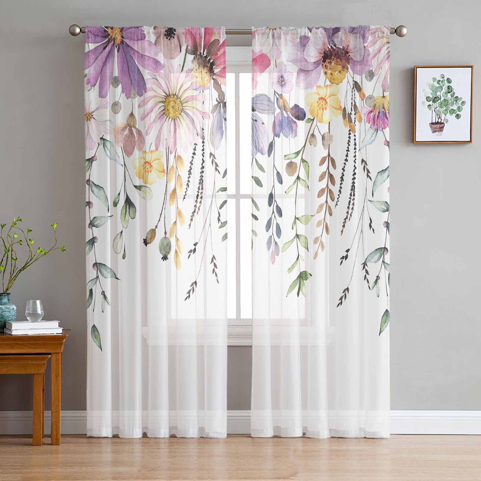 Plants Wild Flowers Leaves Summer Pastoral Breeze Sheer Curtain Living ...