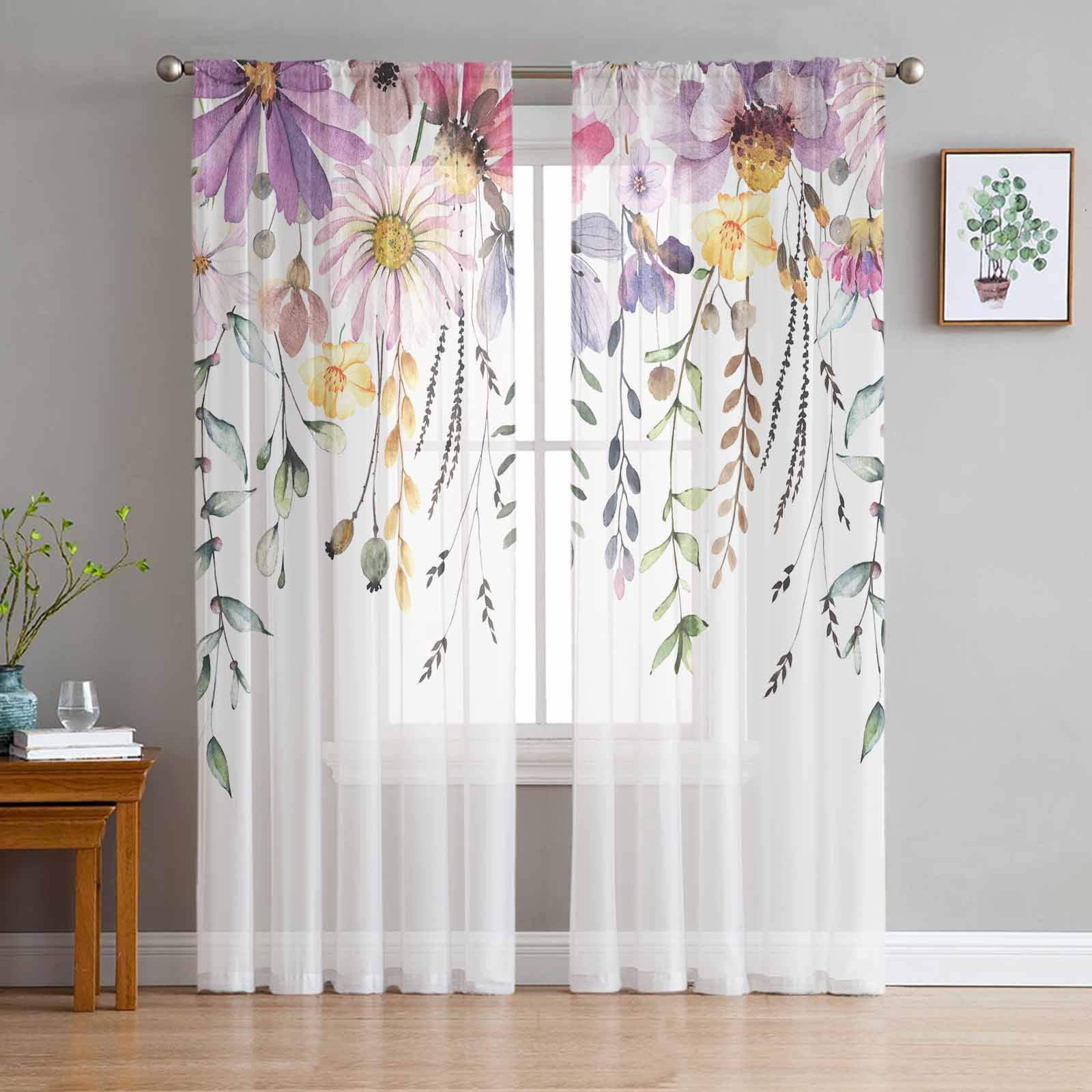 Plants Wild Flowers Leaves Summer Pastoral Breeze Tulle Sheer Curtain ...