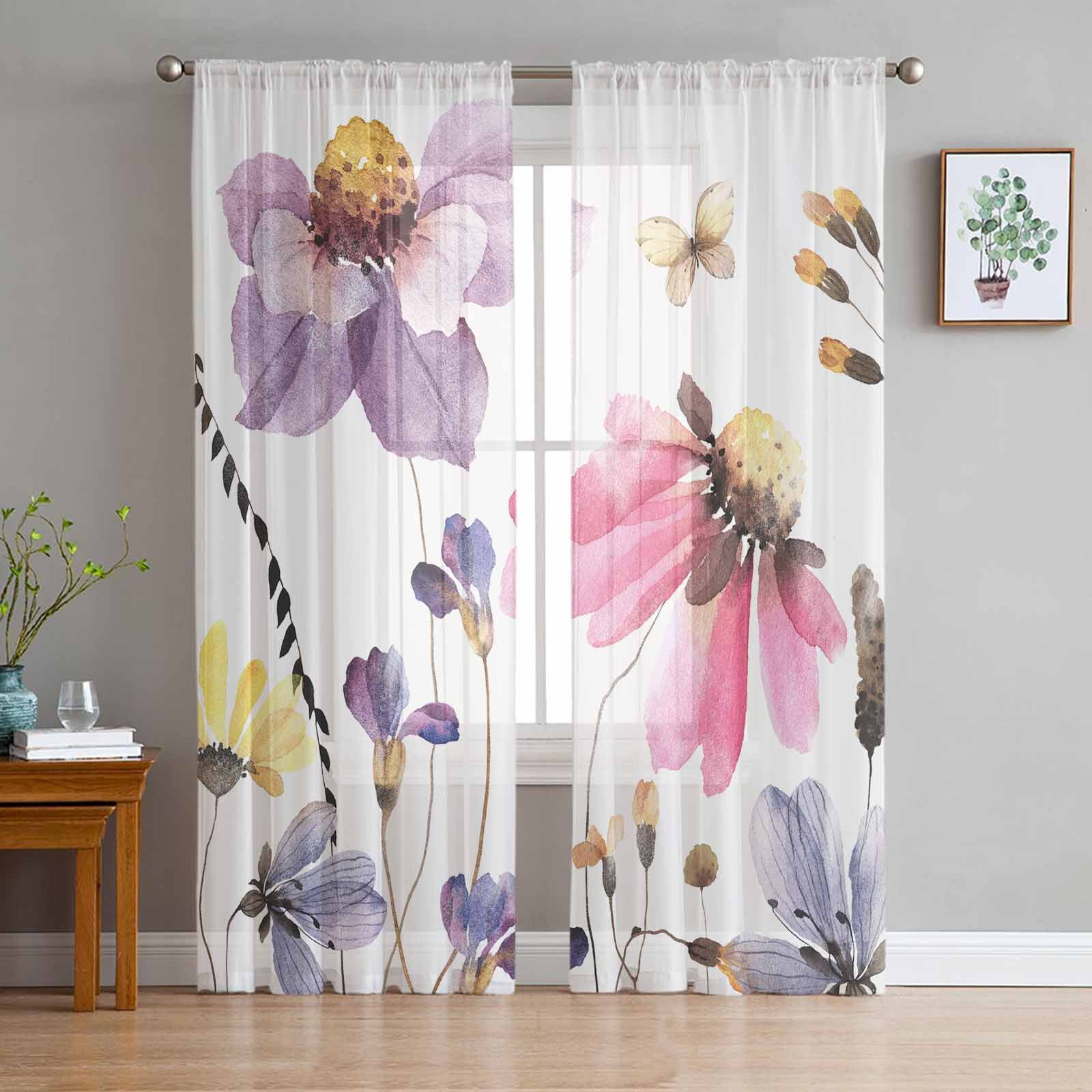 Plants Wild Flowers Leaves Summer Pastoral Breeze Window Tulle Curtains ...