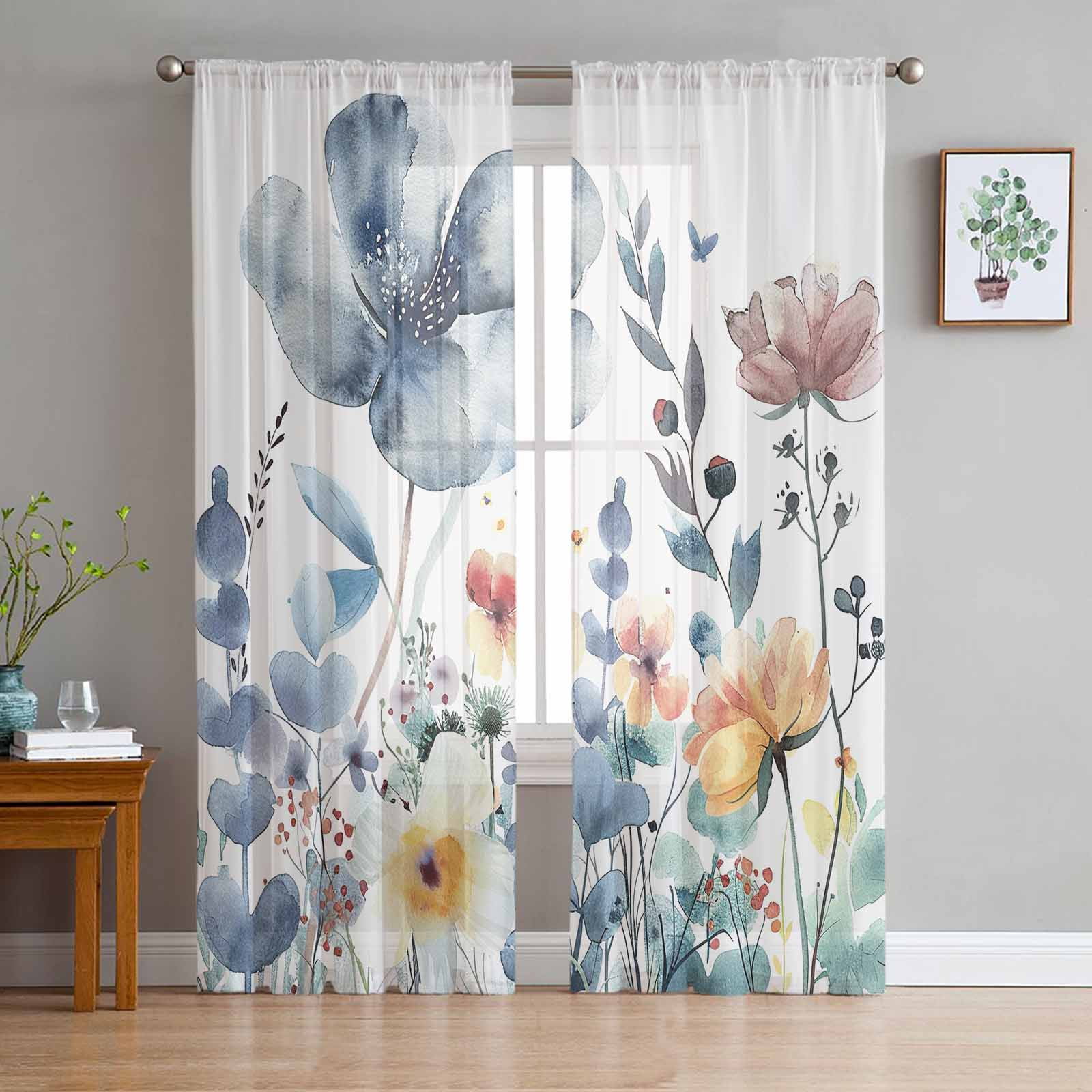 Plants Wild Flowers Leaves Summer Pastoral Breeze Window Tulle Curtains ...