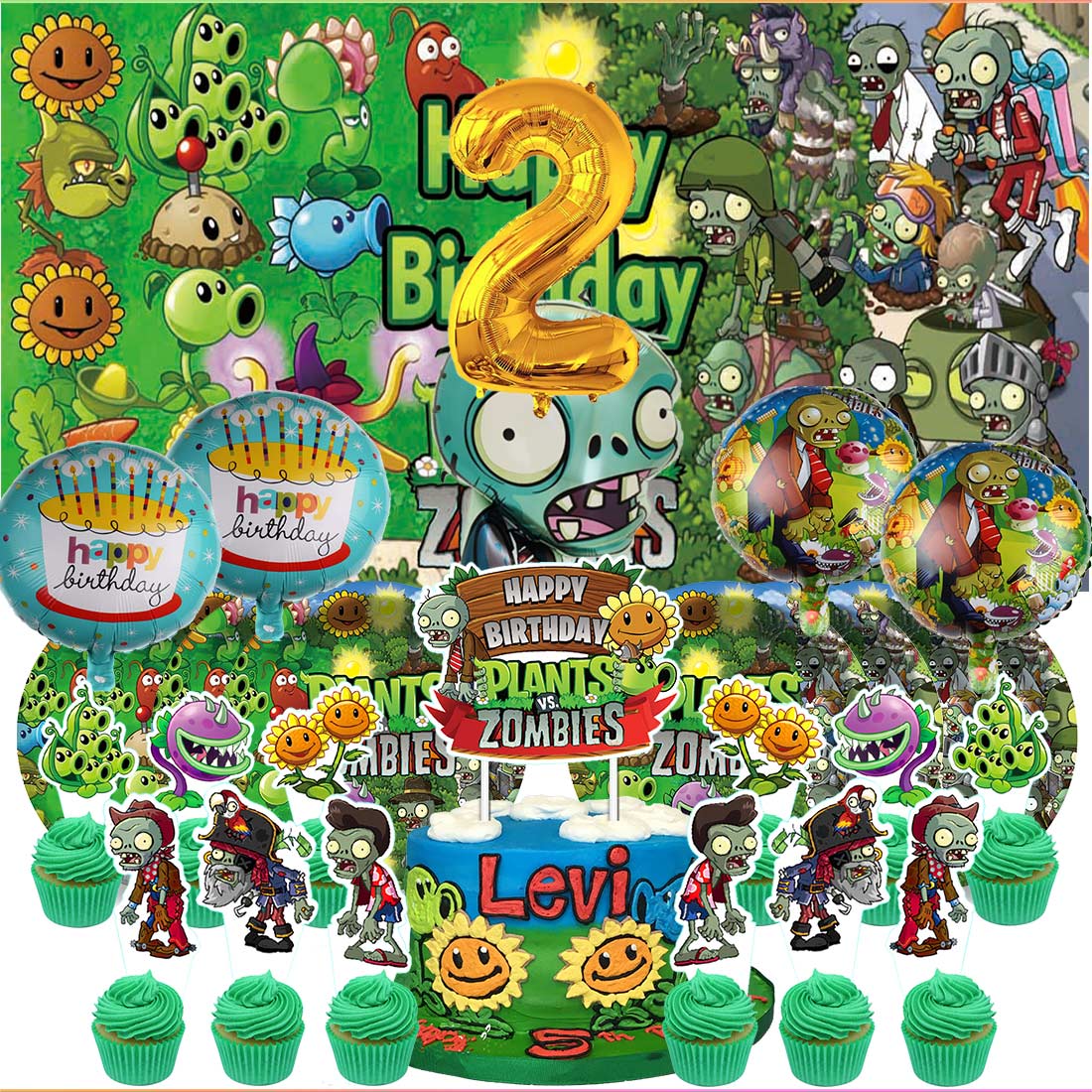 Plants vs Zombies 2nd Tableware Balloons Cake Toppers Backdrop Banner ...