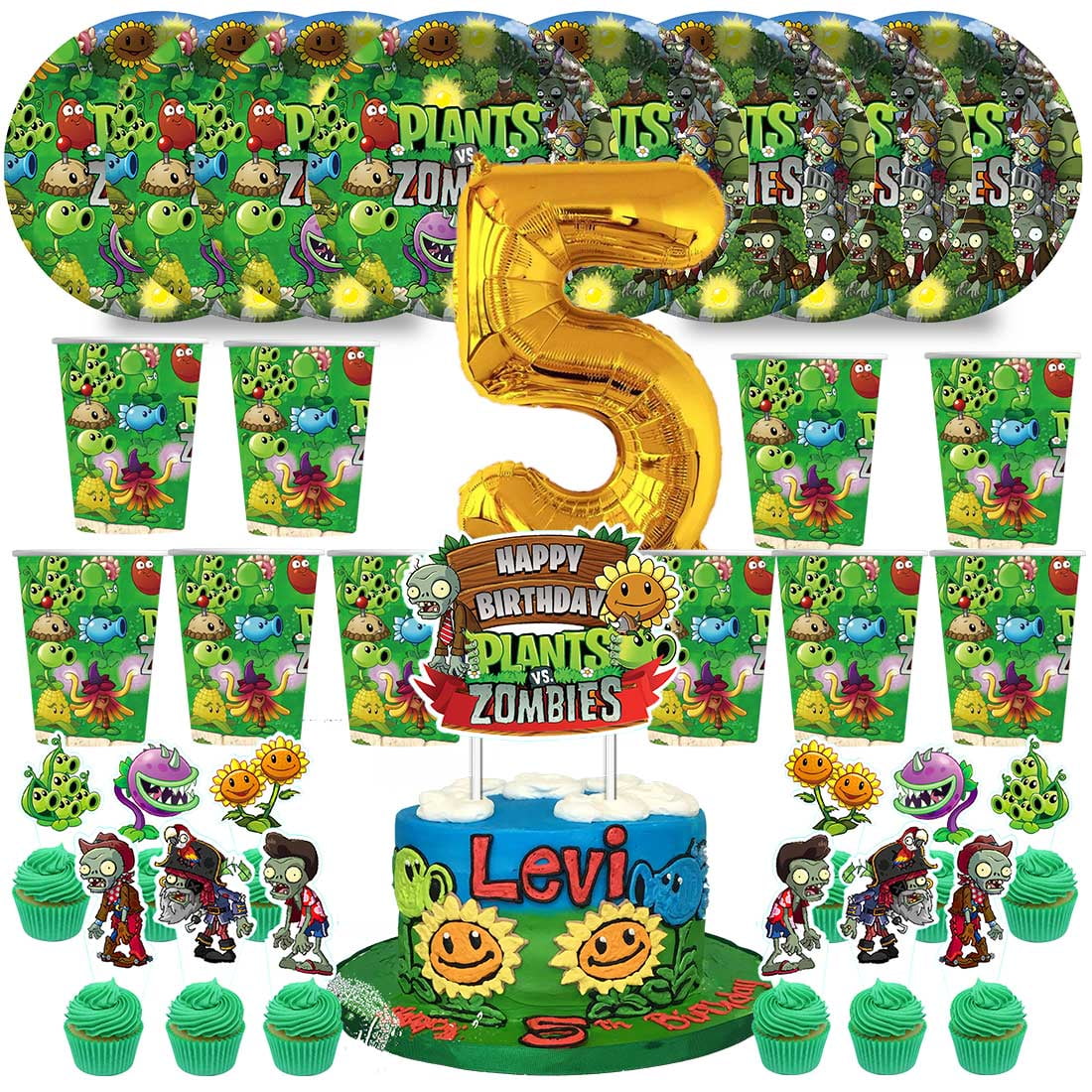 Plants vs Zombies Birthday 5th Cups Party Supplies Plates Fans ...