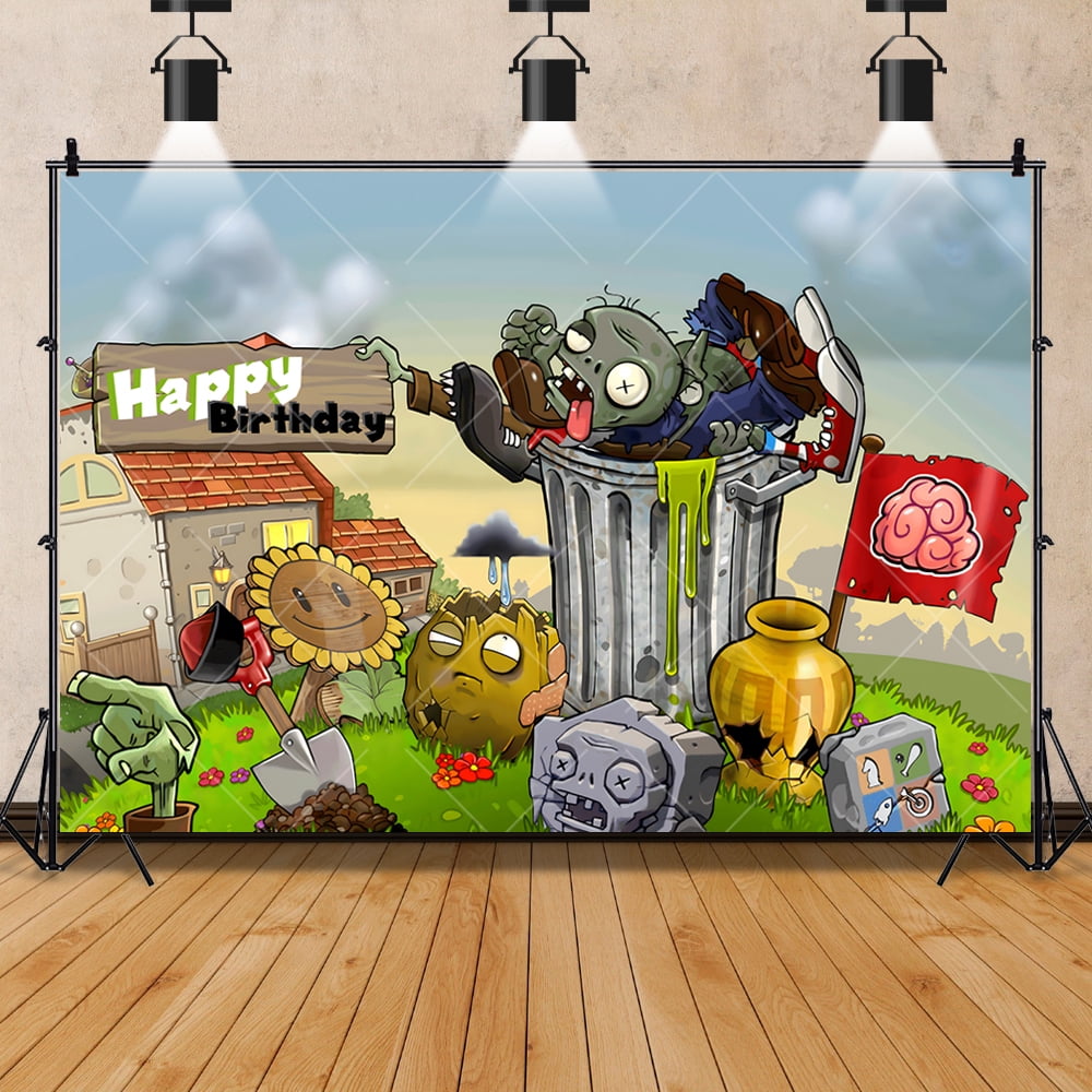 Plants vs. Zombies Sunflower Pea Shooter Game Birthday Party Backdrop ...
