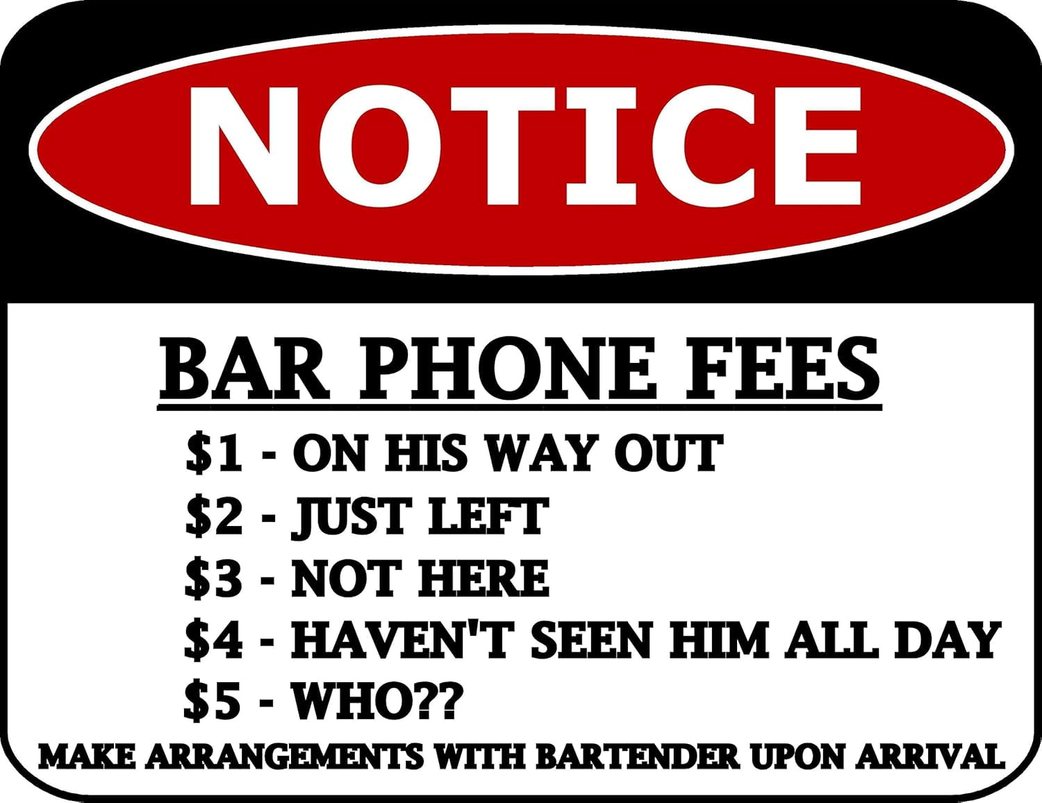Plaque Wall Decor Notice Bar Phone Fees Sign Aluminum Metal Tin Sign 12 ...