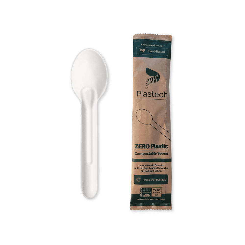 Plastech Bagasse Spoons, Paper Wrapped, Bulk Pack, Plant-Based Disposable Utensils, 100% ...