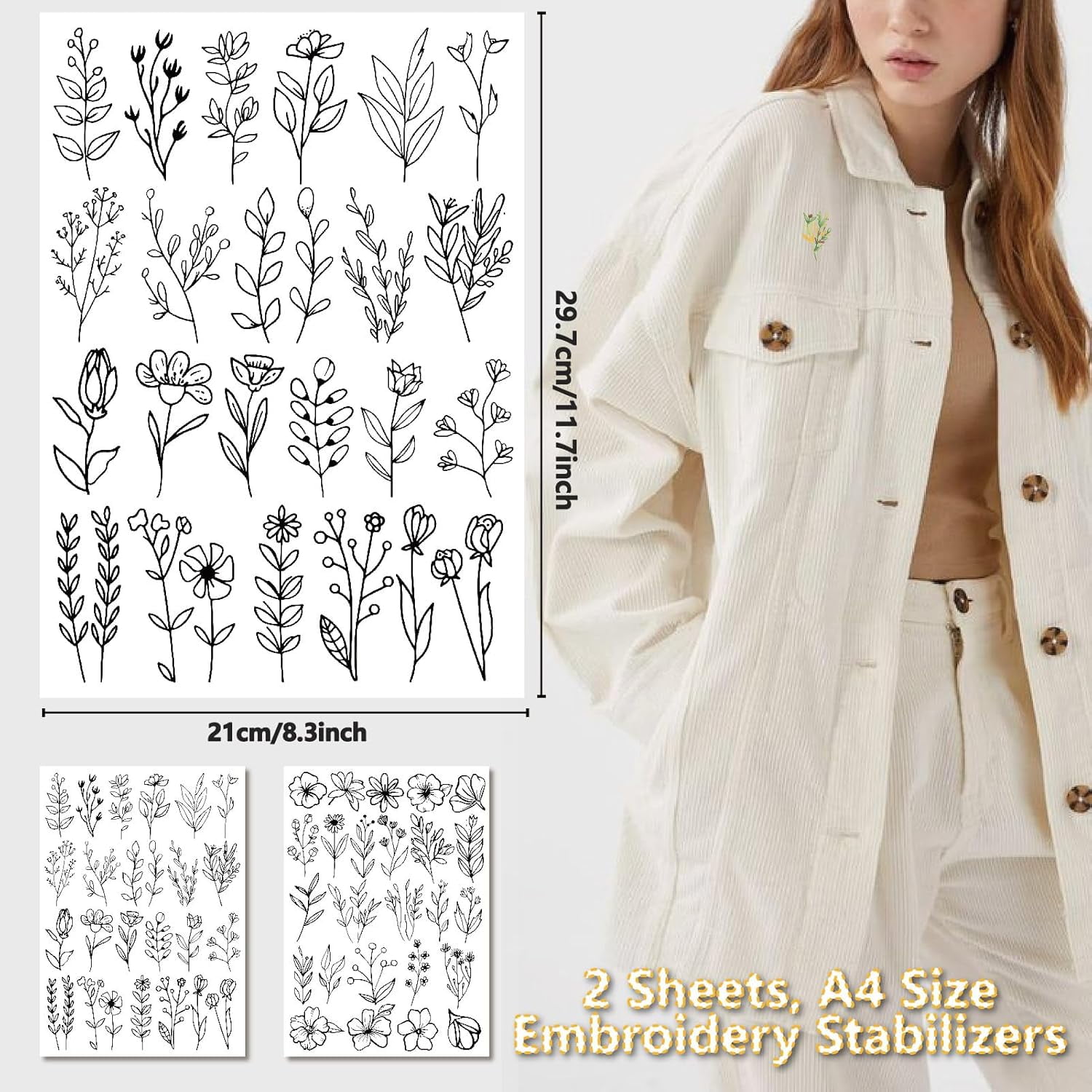 Plastic 2 Sheets Botanical Leaf Flower Water Soluble Embroidery Patterns Sewing Stick and Stitch ...