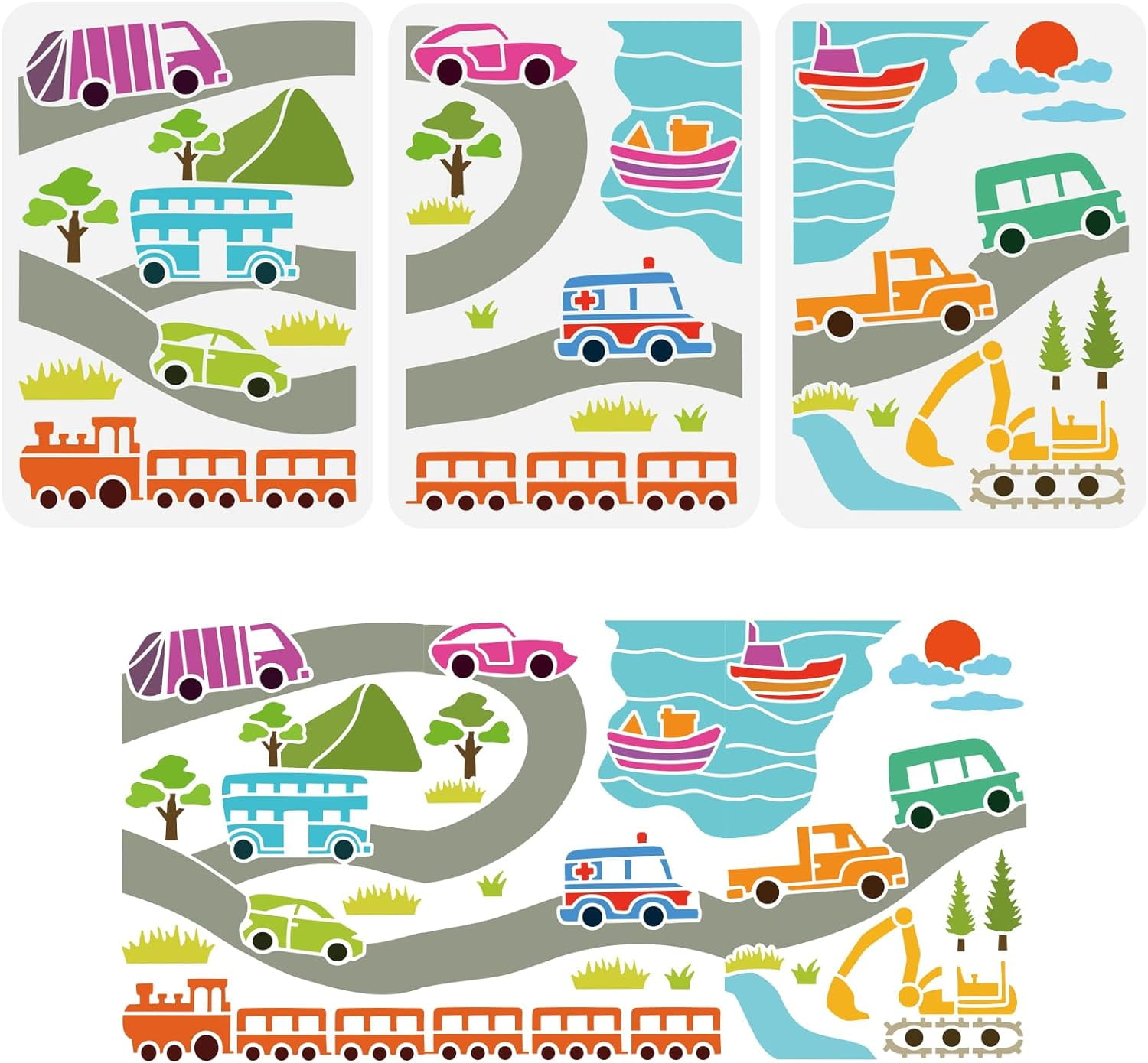 Plastic 3 pcs Transportation Road Stencil 8.3x11.7inch Boat Car Bus ...