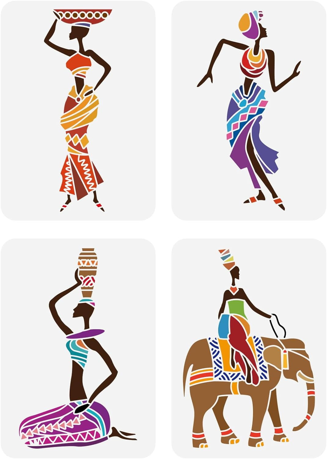 Plastic 4 Pcs African Tribal Stencils 8.3x11.7inch African Tribal Women ...
