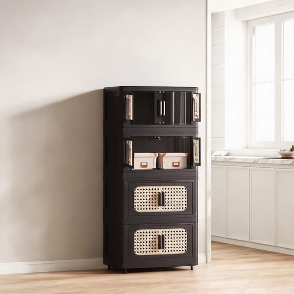 Plastic 4-Tier Collapsible Folding Storage Cabinet, Compact Retro Wood ...
