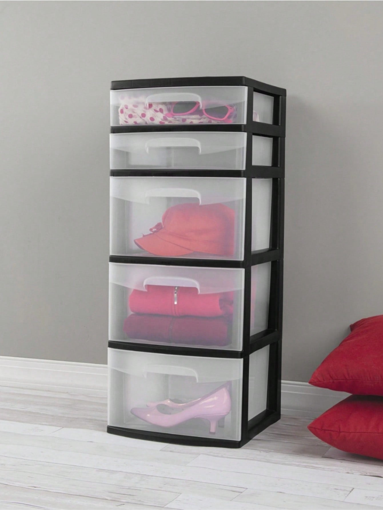 Plastic 5-Drawer Storage Tower, Black Frame With Clear Drawers - Modern ...