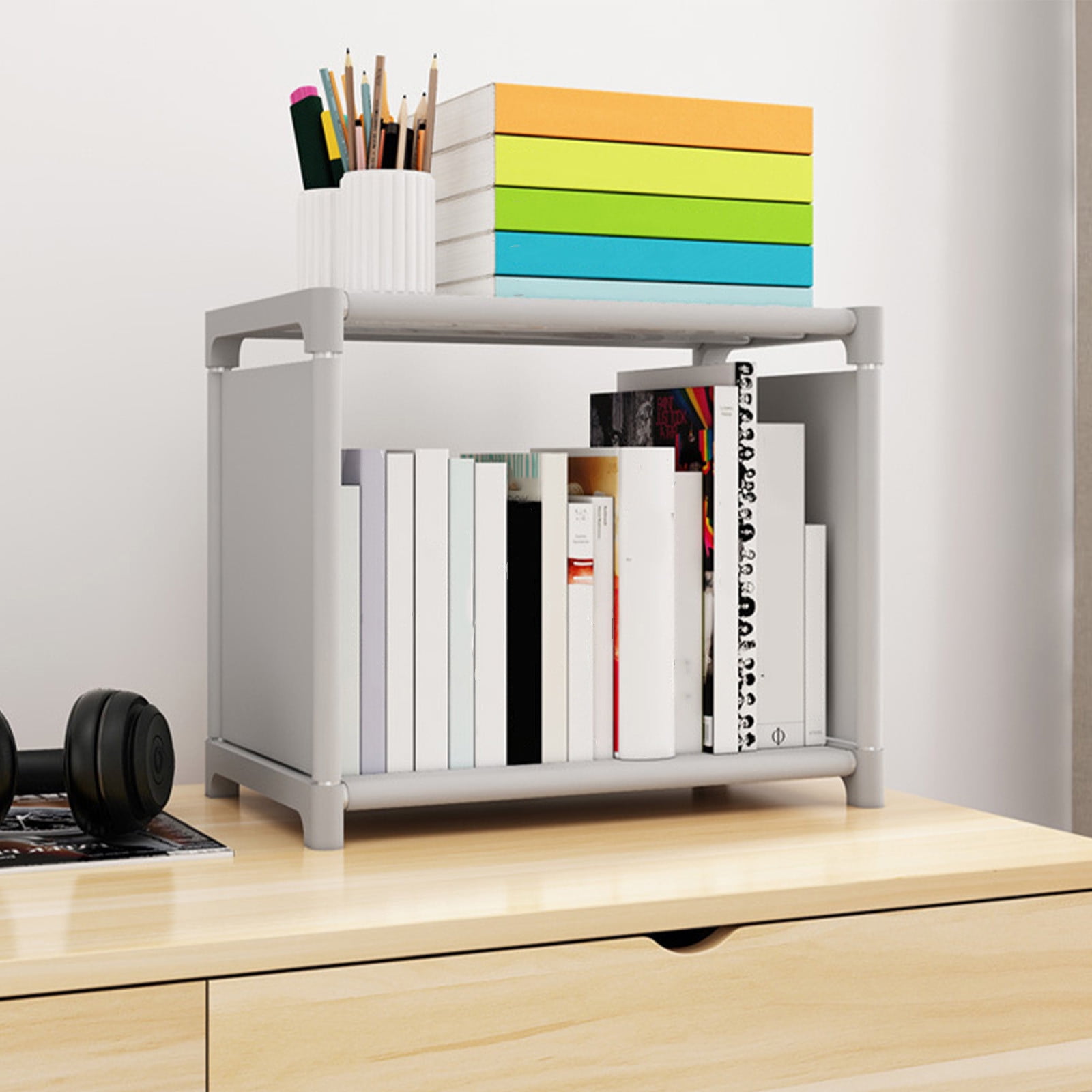 Plastic Bookshelf, Thickened 2 Tier Small Bookshelf Free Standing Shelf ...