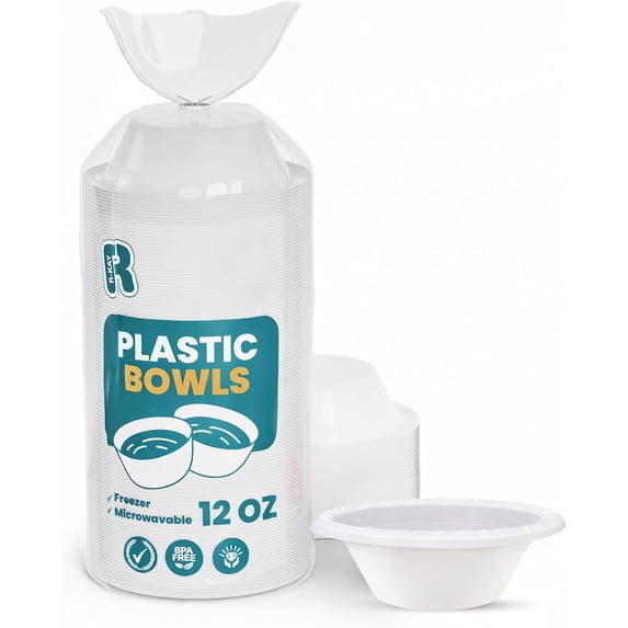 Plastic Bowls - 100 Count Microwavable Disposable Bowls - Strong Heavy ...