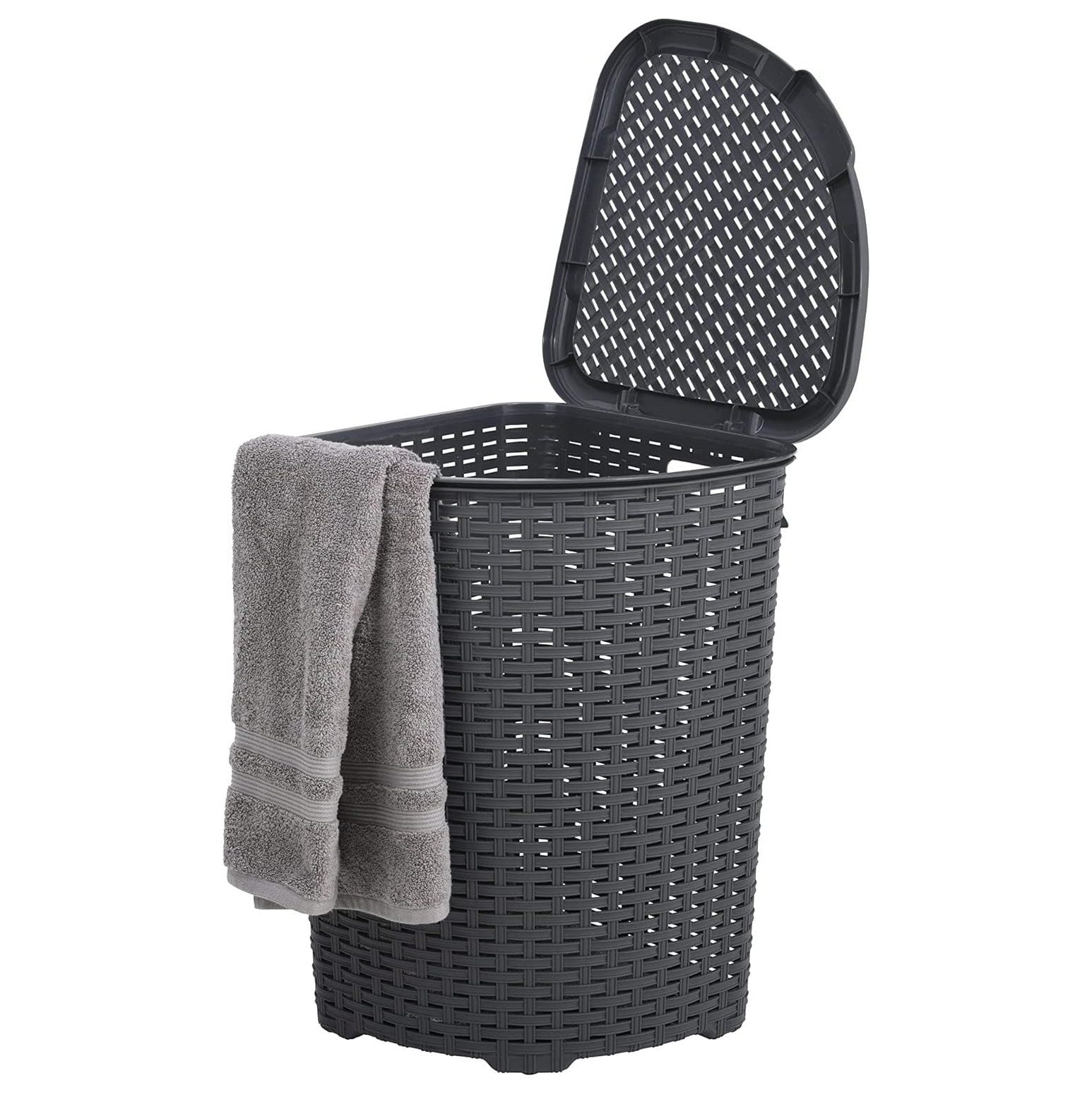 Plastic Corner Laundry Hamper With Lid Curved Designed Laundry Basket Triangle Grey Cloths