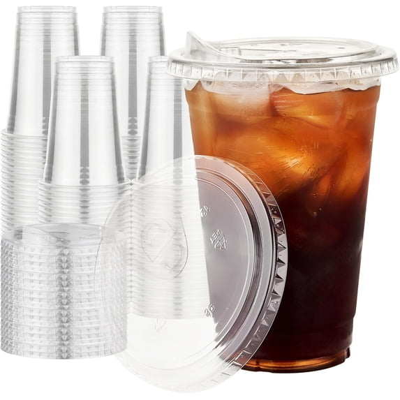Plastic Cups with Lids 16 oz 100 pack, Clear Disposable Iced Coffee ...