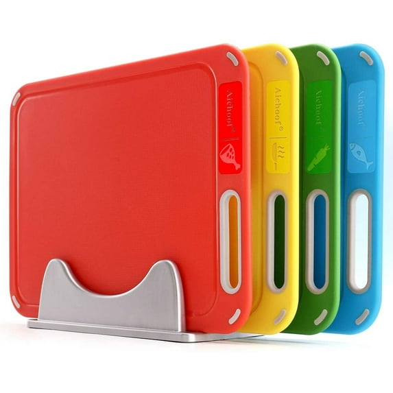 Plastic Cutting Board, Set of 4 with Storage Stand, Color Box Packed ...