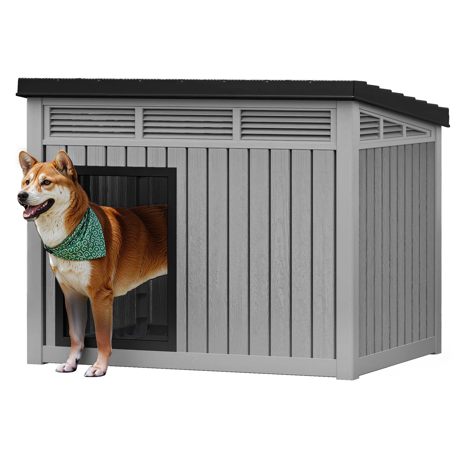 Plastic Dog House with Liftable Roof, Outdoor Indoor Dog Kennel with ...