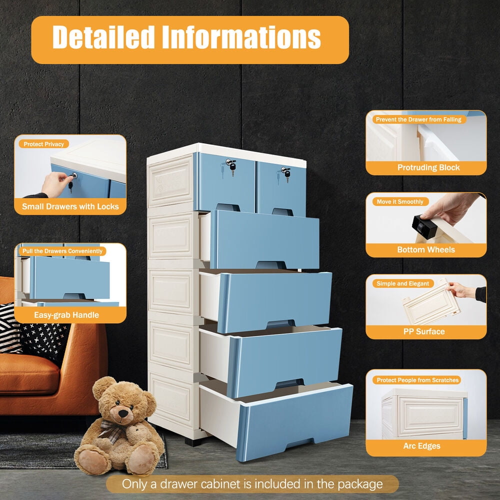 Plastic Drawers Dresser Storage Cabinet 6 Drawers Closet Organizer w/4 ...