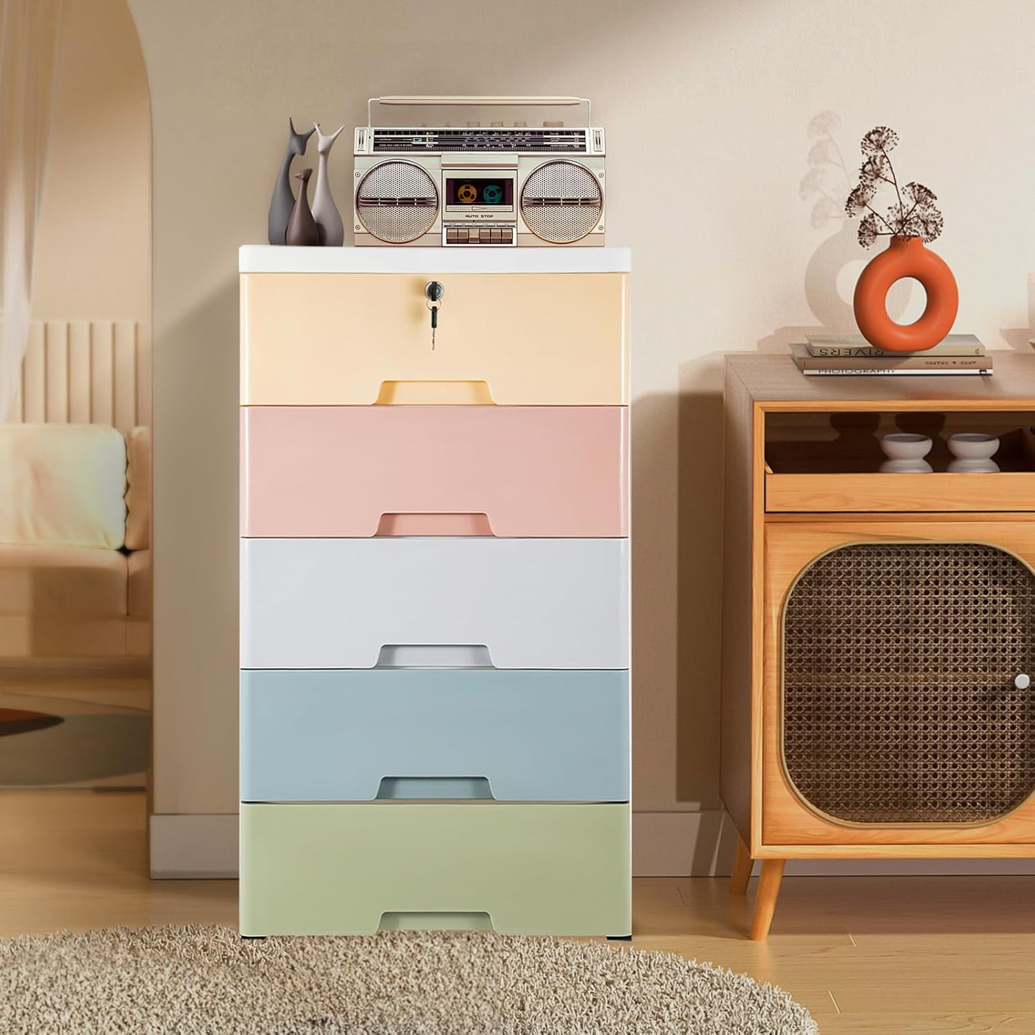 Plastic Drawers Storage Dresser with Lock, 5-Tier Stackable Vertical ...