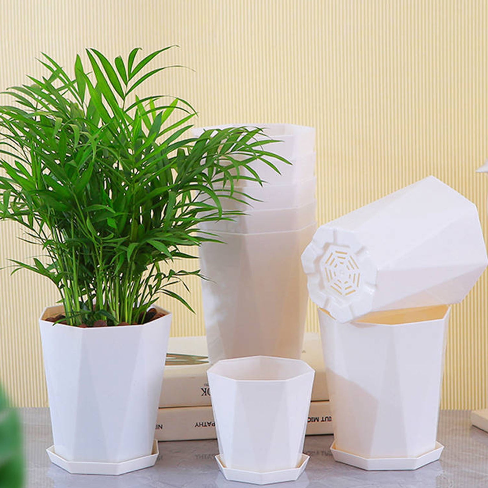 Plastic Flower Pot Set | 5pc Thick Resin Planters with Base | Modern ...