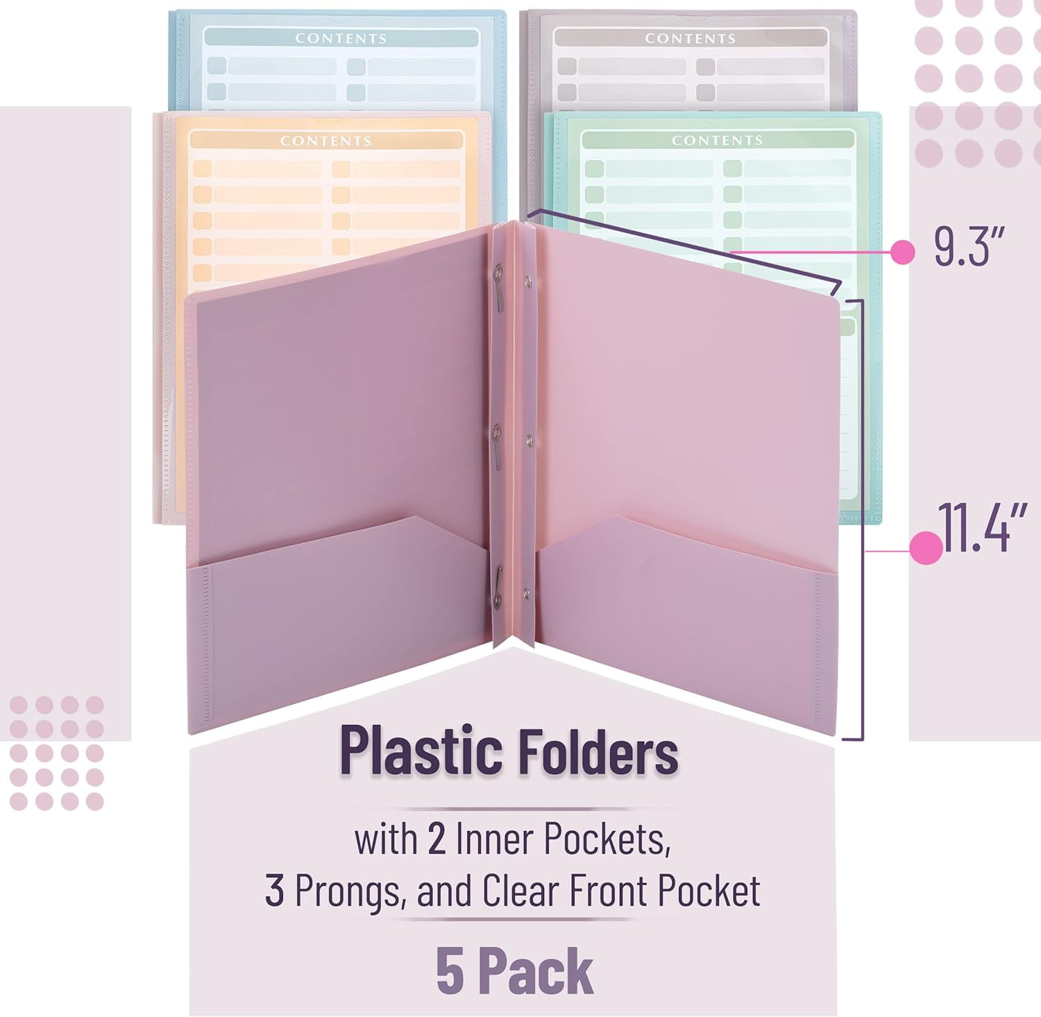 Plastic Folders with Pockets and Prongs, 5 Pack, Muted Pastel Colors ...
