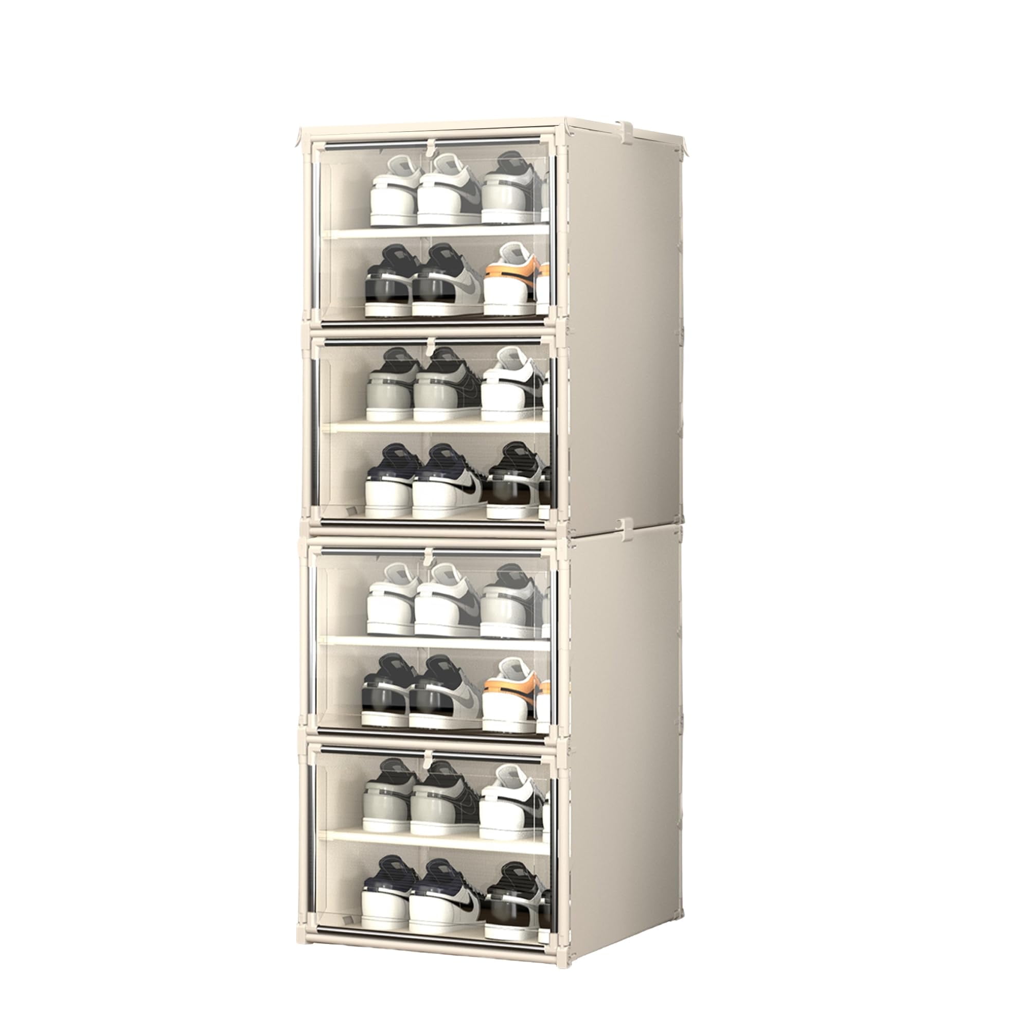 Plastic Folding Shoe Organizer with Clear Door, Stackable Shoe Box with ...