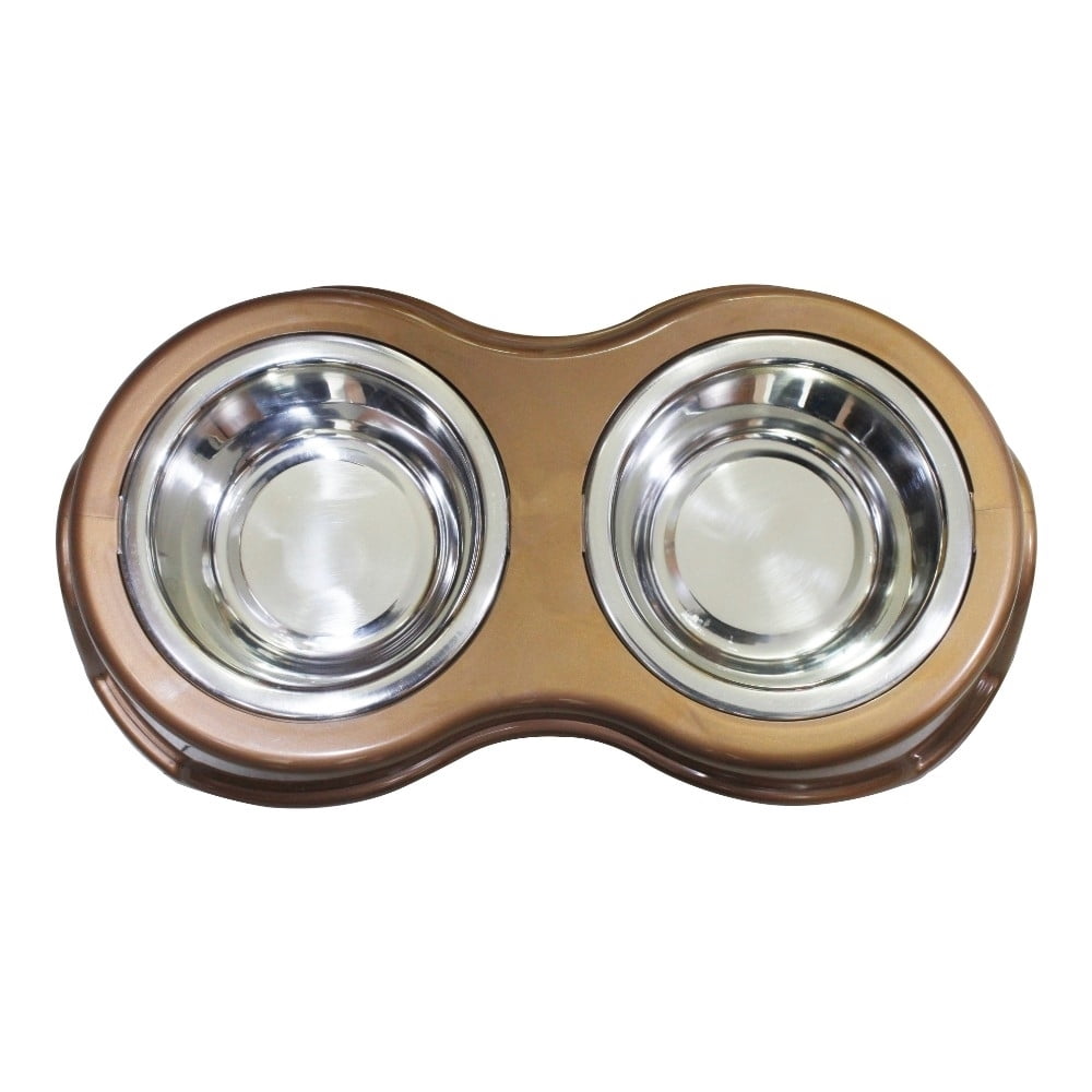Plastic Framed Double Diner Pet Bowl in Stainless Steel, Large, Gold ...