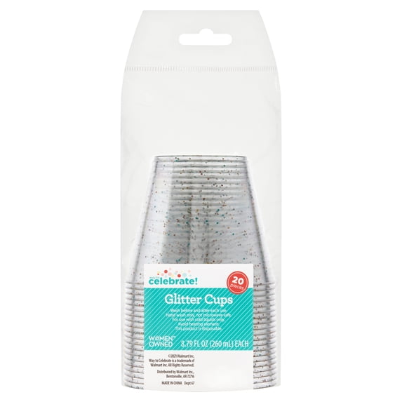 Way To Celebrate Plastic Glitter Cups, Clear, 8.79 fl oz, Set of 20 ...