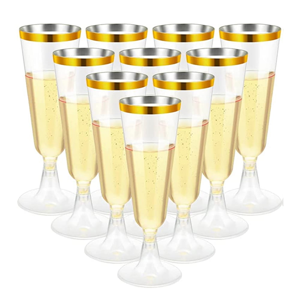 Plastic Gold Rimmed Champagne Flutes | 5.5oz. Clear Hard Disposable ...