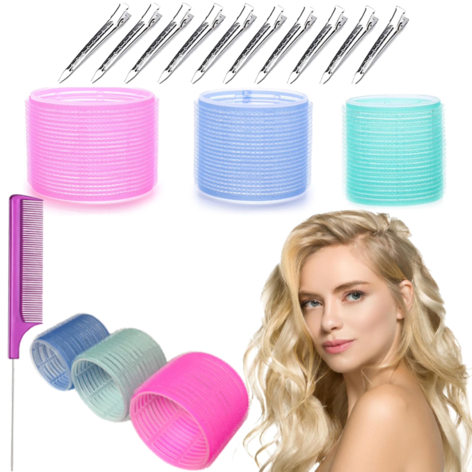Plastic Hair Curlers Rollers, 31Pcs Large Big Hair Roller Sets, Self ...