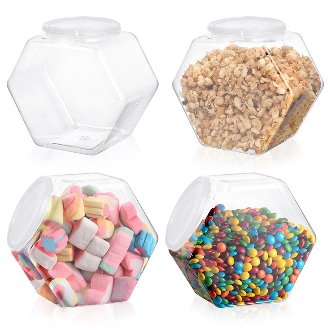 Bottlepic Plastic Hexagon Candy Jars, 4PCS with Lids, 72oz Capacity ...