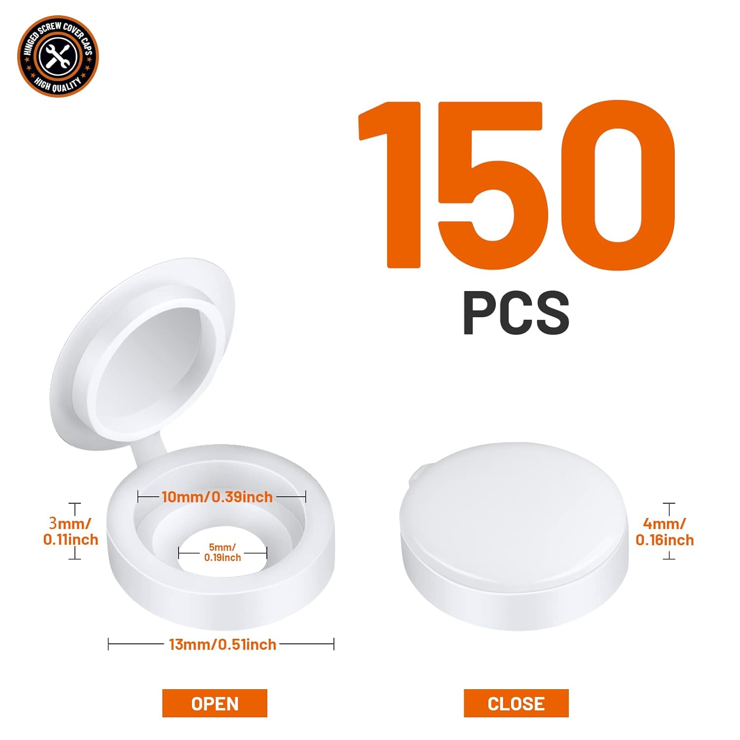 Plastic Hinged Screw Covers - 150 White Snap-On Caps, Flip Tops for ...