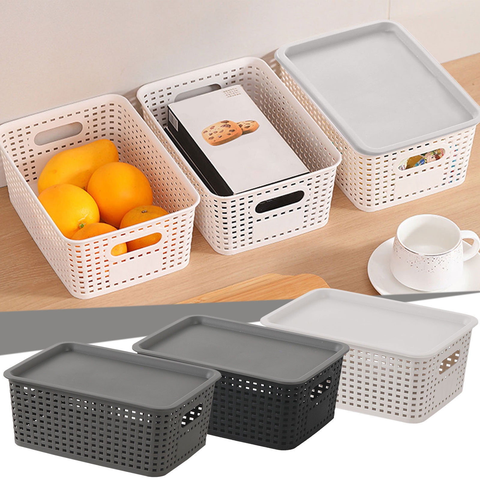 Plastic Hollow Woven Storage Basket With Lid | Stackable Organizer Bin ...