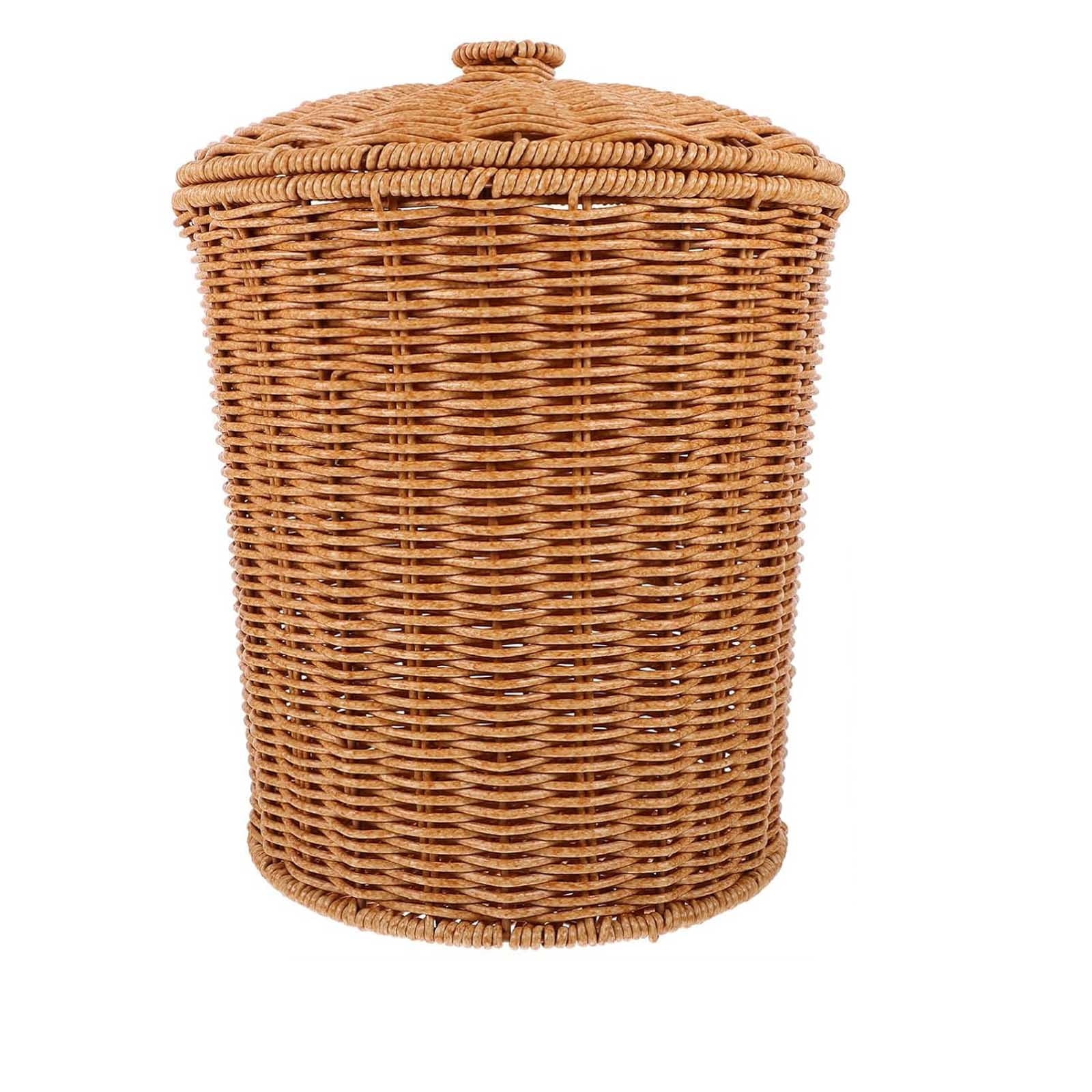Plastic Imitation Rattan Round Storage Basket with Lid Woven Trash Can ...
